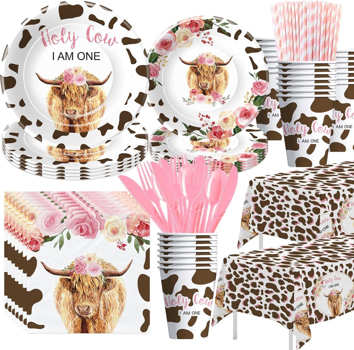 Highland Cow 1st Birthday Plates, Napkins, Cups, Tablecloth Disposable ...