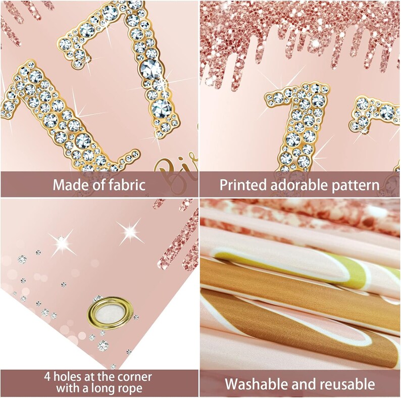 17th Birthday Banner Backdrop Rose Gold Happy 17th Birthday Backdrop ...