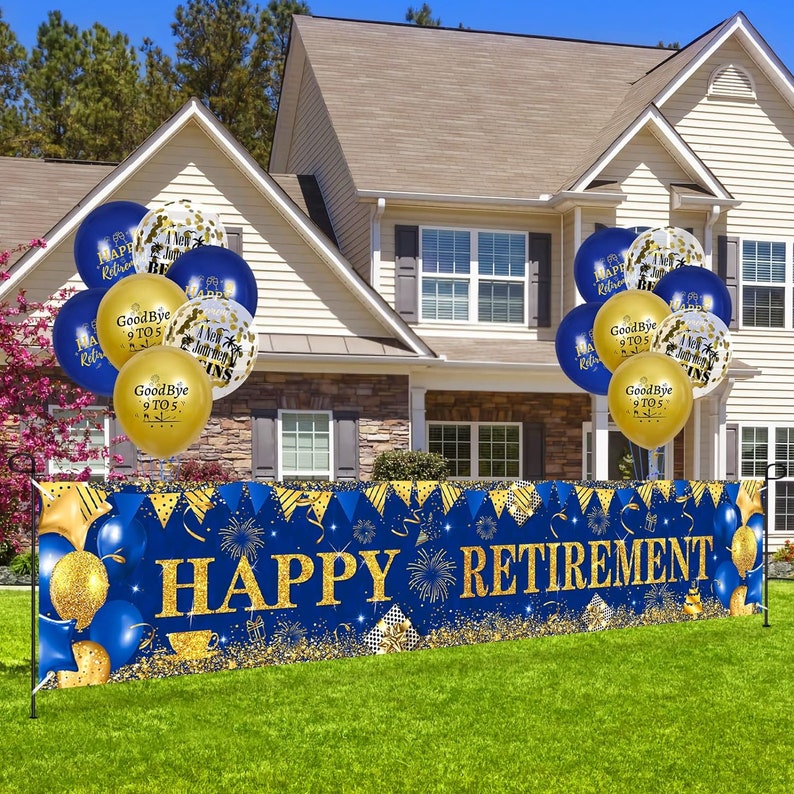 Large Happy Retirement Banner Backdrop and Balloons Decorations Navy ...