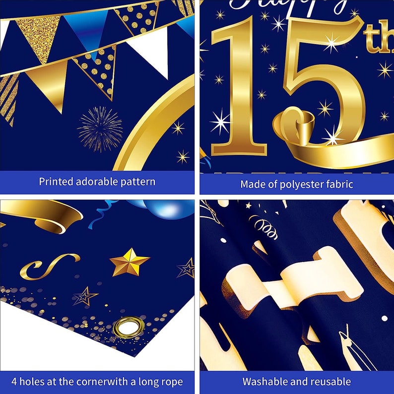 15th Birthday Banner Backdrop Decorations Girl and Boy Blue and Gold ...