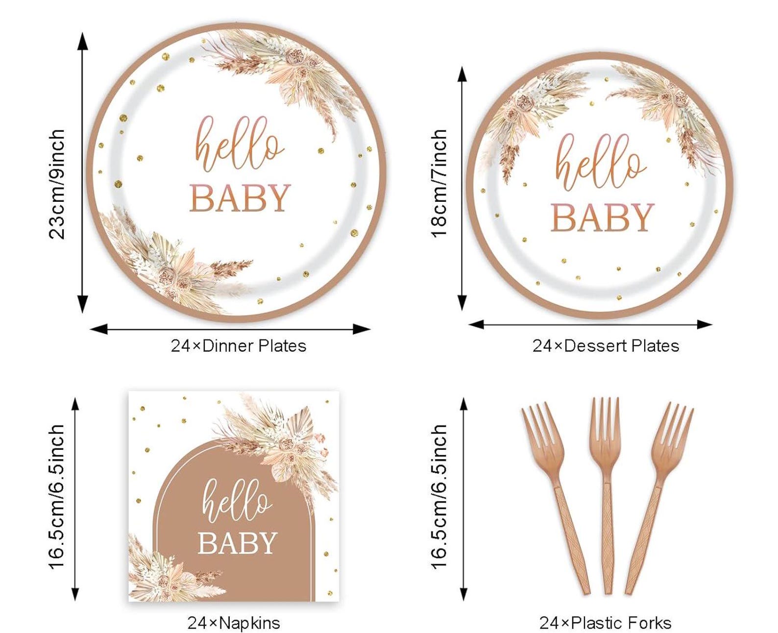 Boho Baby Shower Plates, Napkins, Forks Disposable Tableware Serves 24 ...