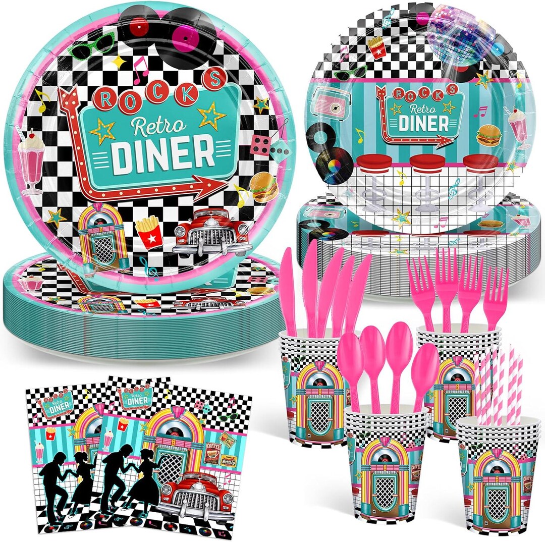 1950's Theme Rock Roll Party Plates, Napkins, Forks Disposable ...