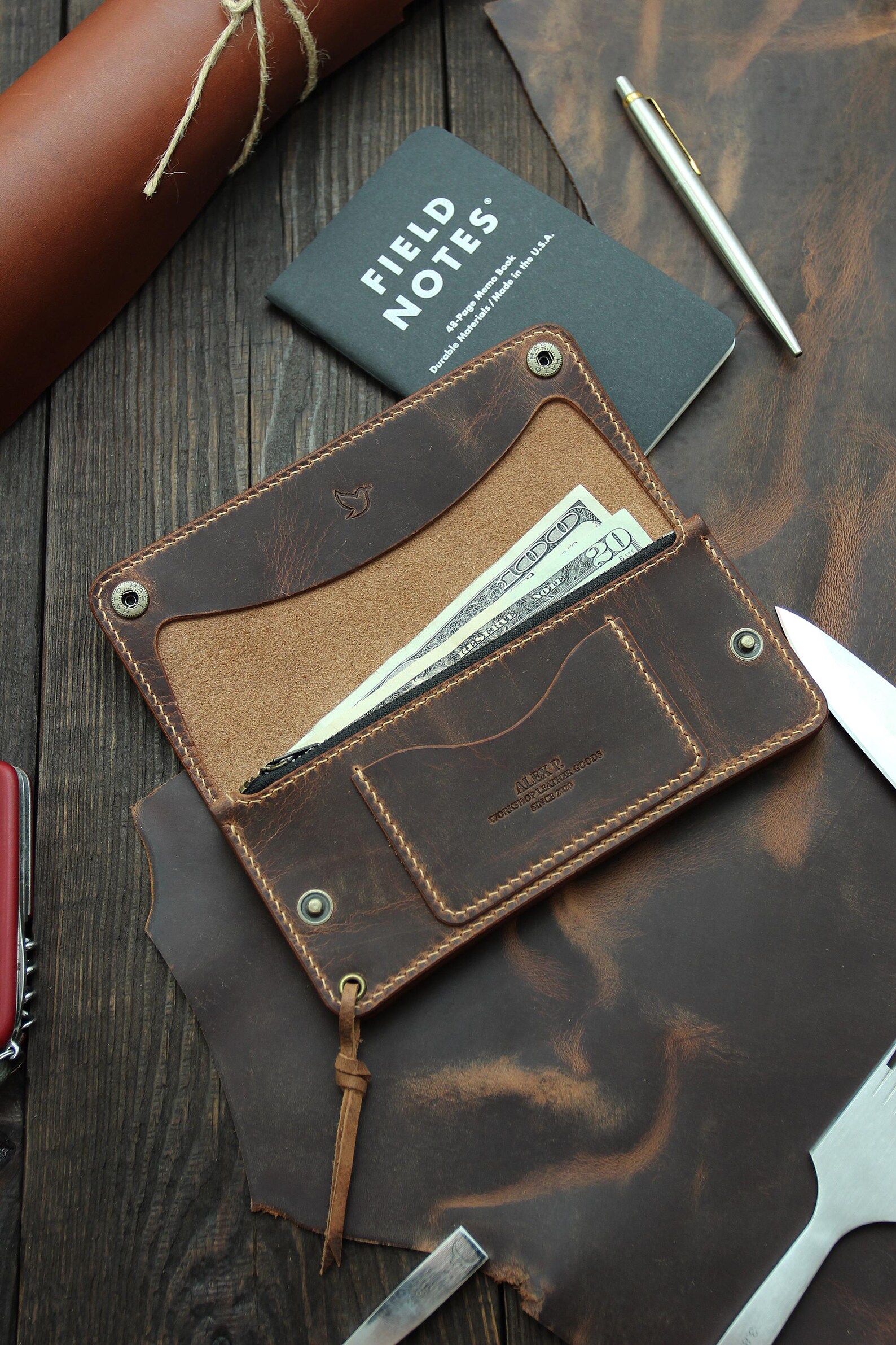 Leather Long Trucker Wallet With A Ring for Chain or Lanyard Wallet for ...