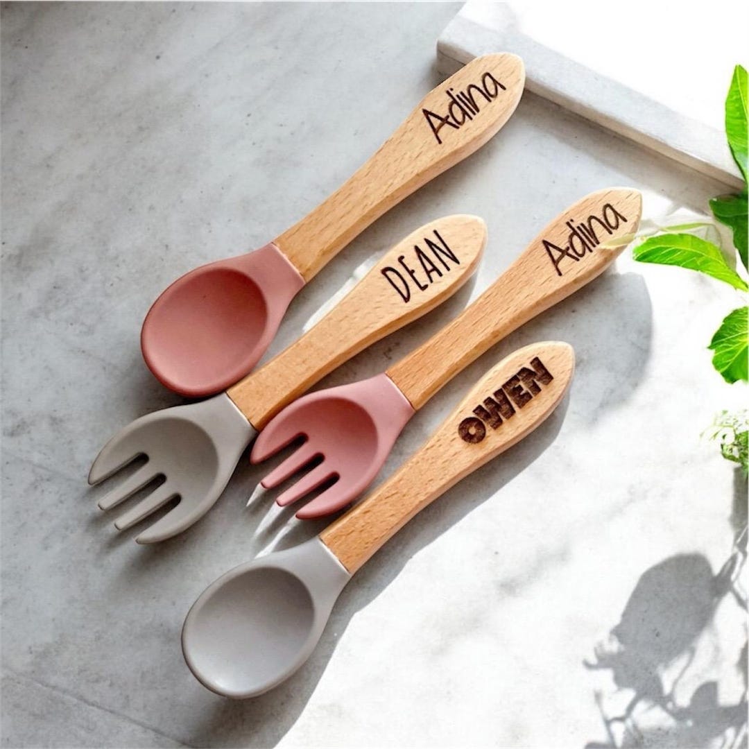 Personalized Baby Utensil Set – Silicone & Wood Toddler Spoon Fork ...
