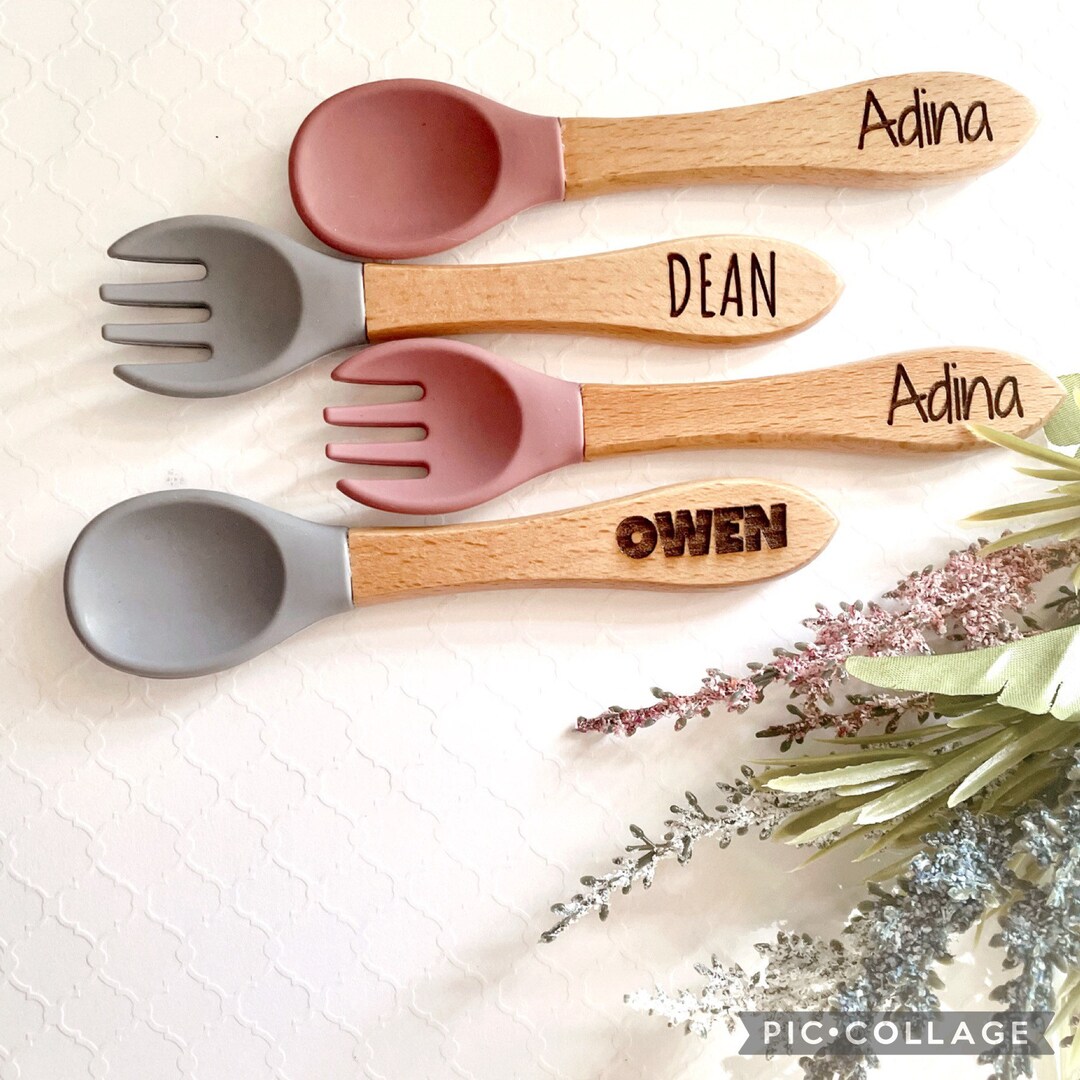 Personalized Silicone and Wood Utensil Set for Baby, Engraved First ...
