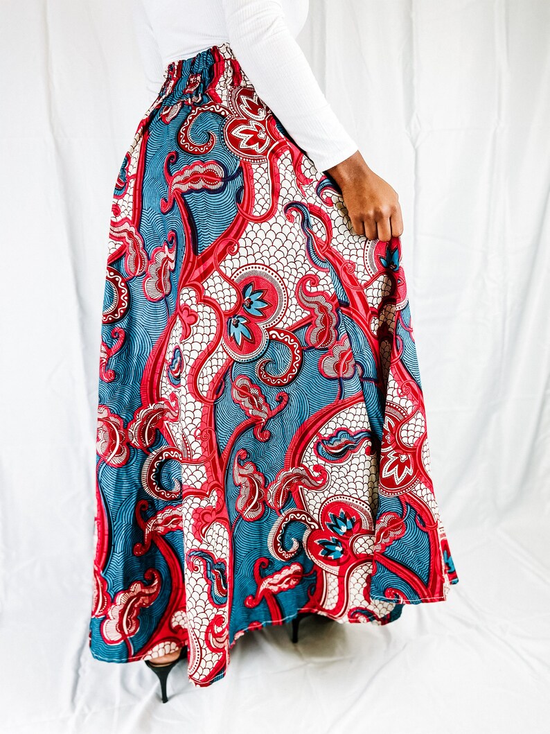 African Print (Kitenge) Long Maxi Skirt (Pink/Blue) with Matching Sash ...