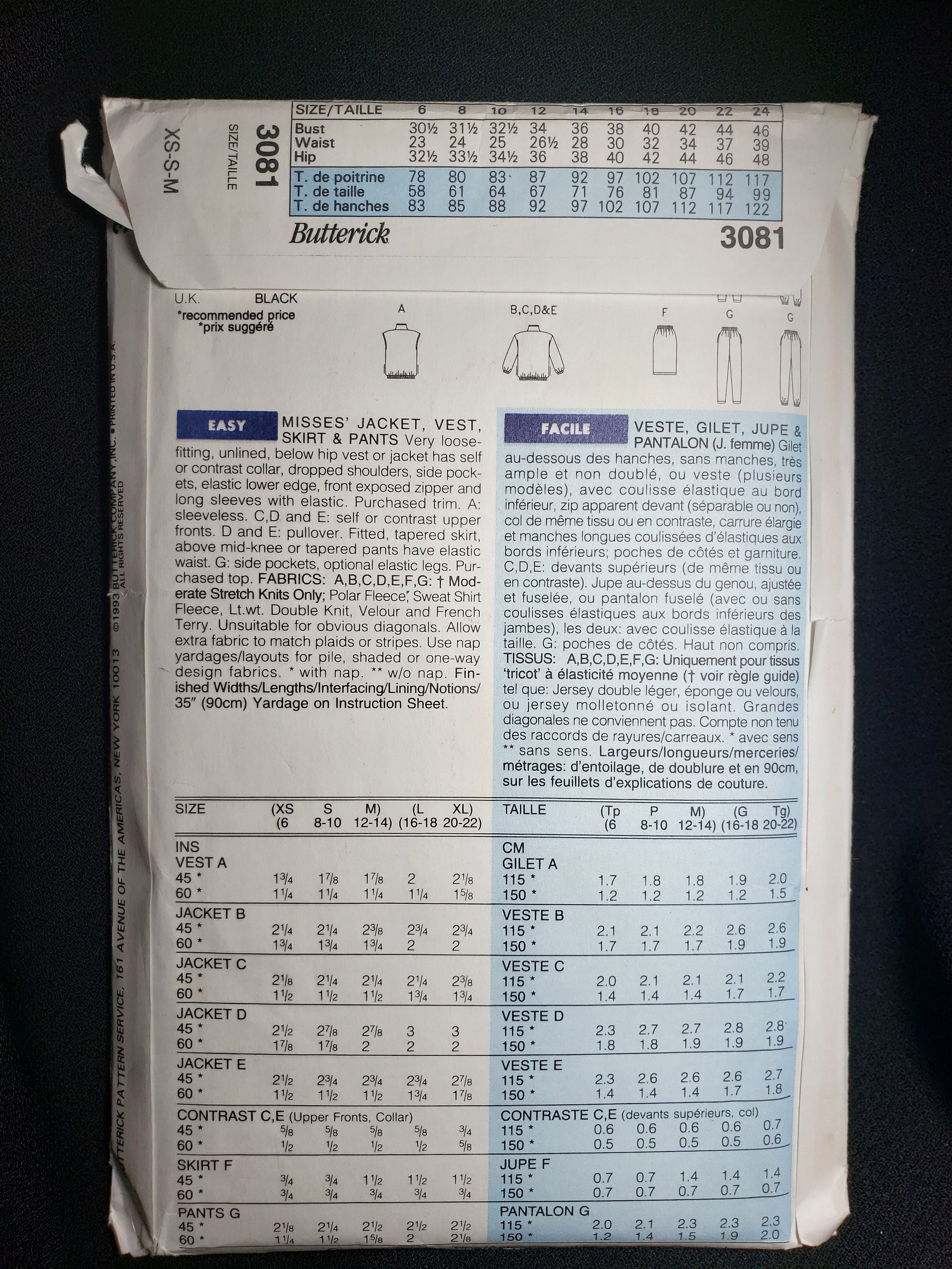 Butterick 3081 Sewing Pattern for Easy Jacket, Vest, Skirt and Pants ...