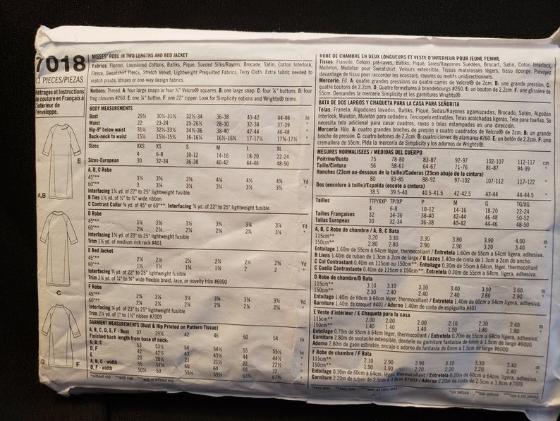 Simplicity 7018 Sewing Pattern for Night Coat robe Two Lengths and Bed ...