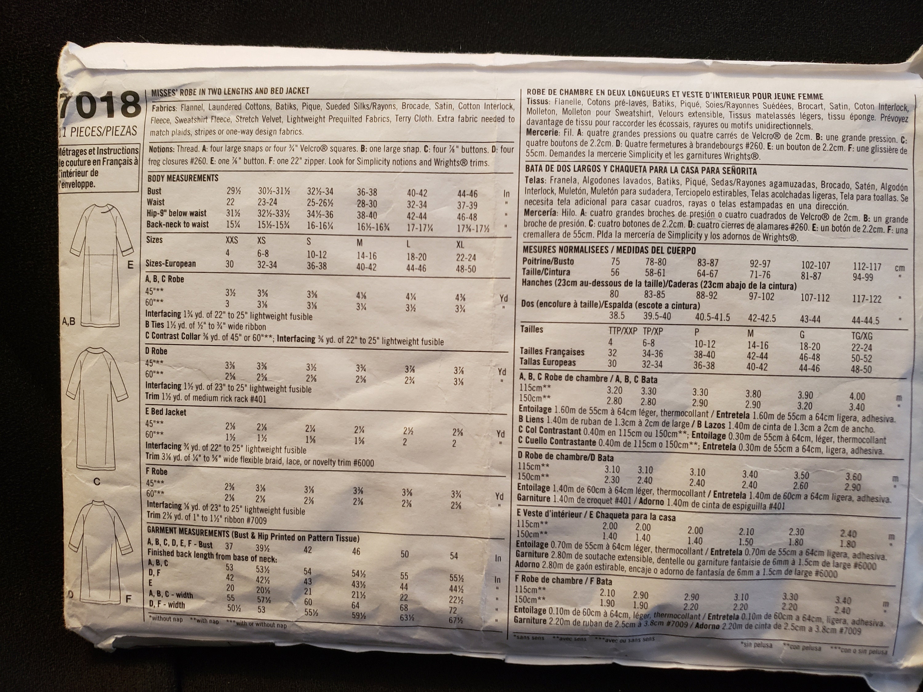 Simplicity 7018 Sewing Pattern for Night Coat robe Two Lengths and Bed ...