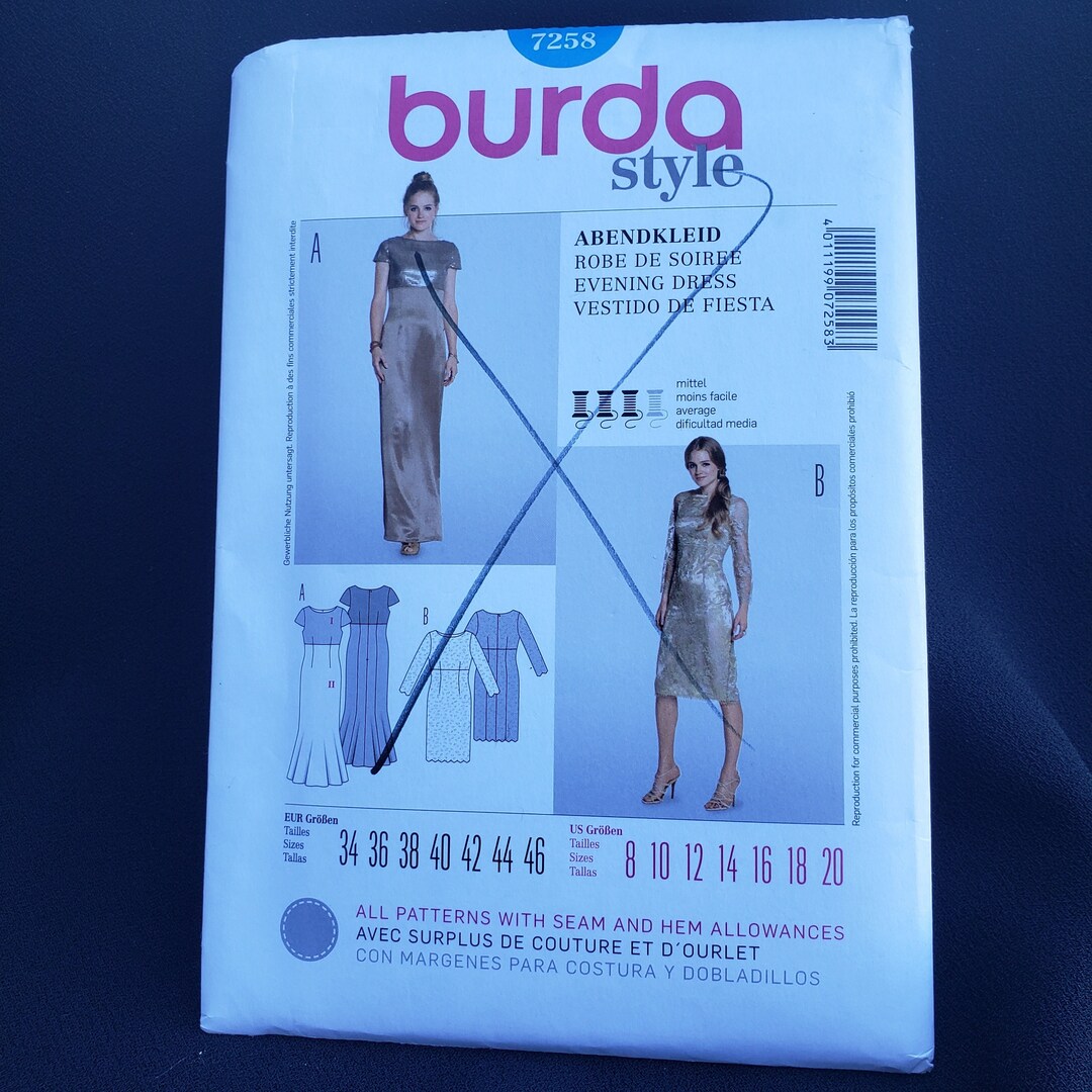 Burda 7258 Sewing Pattern for Long or Knee Length Dress, High Waist ...