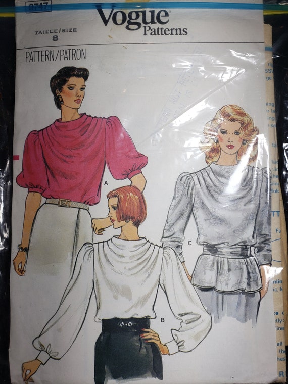 Vogue 8747 Sewing Pattern for 80's Blouse Cowl Neckline - Etsy