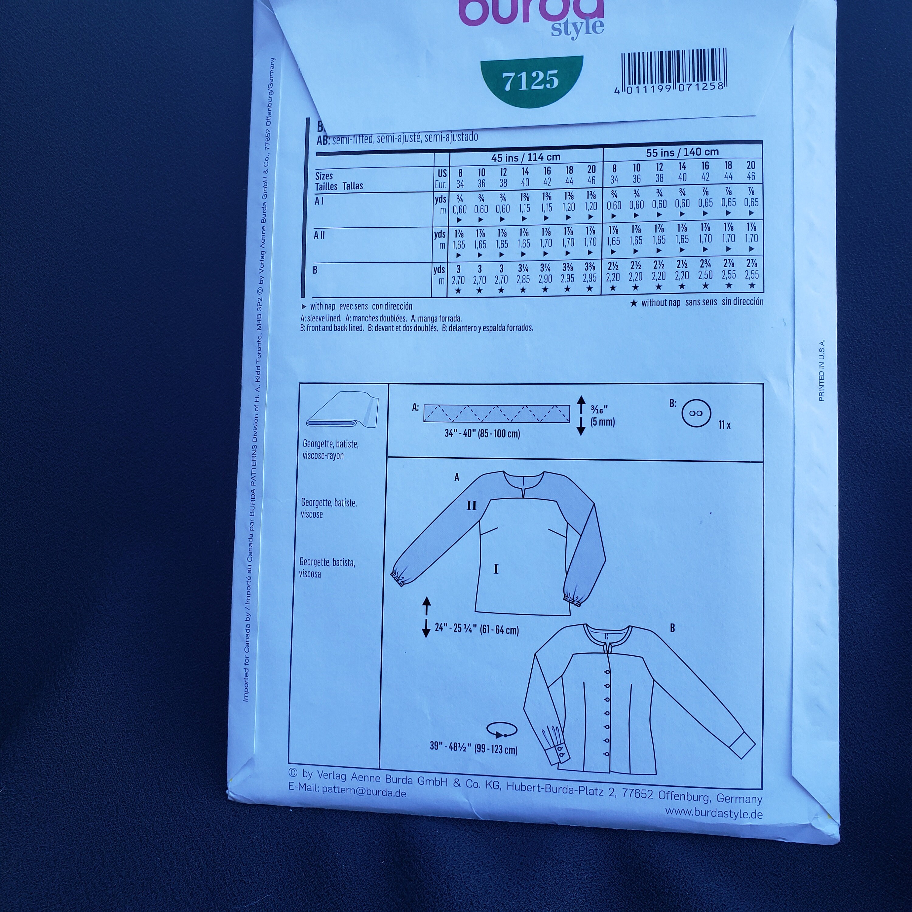 Burda 7125 Sewing Pattern for Blouse Size 8-20 Uncut FF, Contrast ...