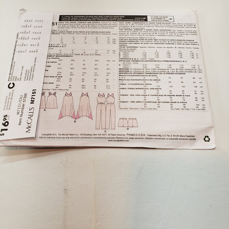 Mccall's 7151, Sewing Pattern, Girls, Top, Dress, Jumpsuit, Shorts ...