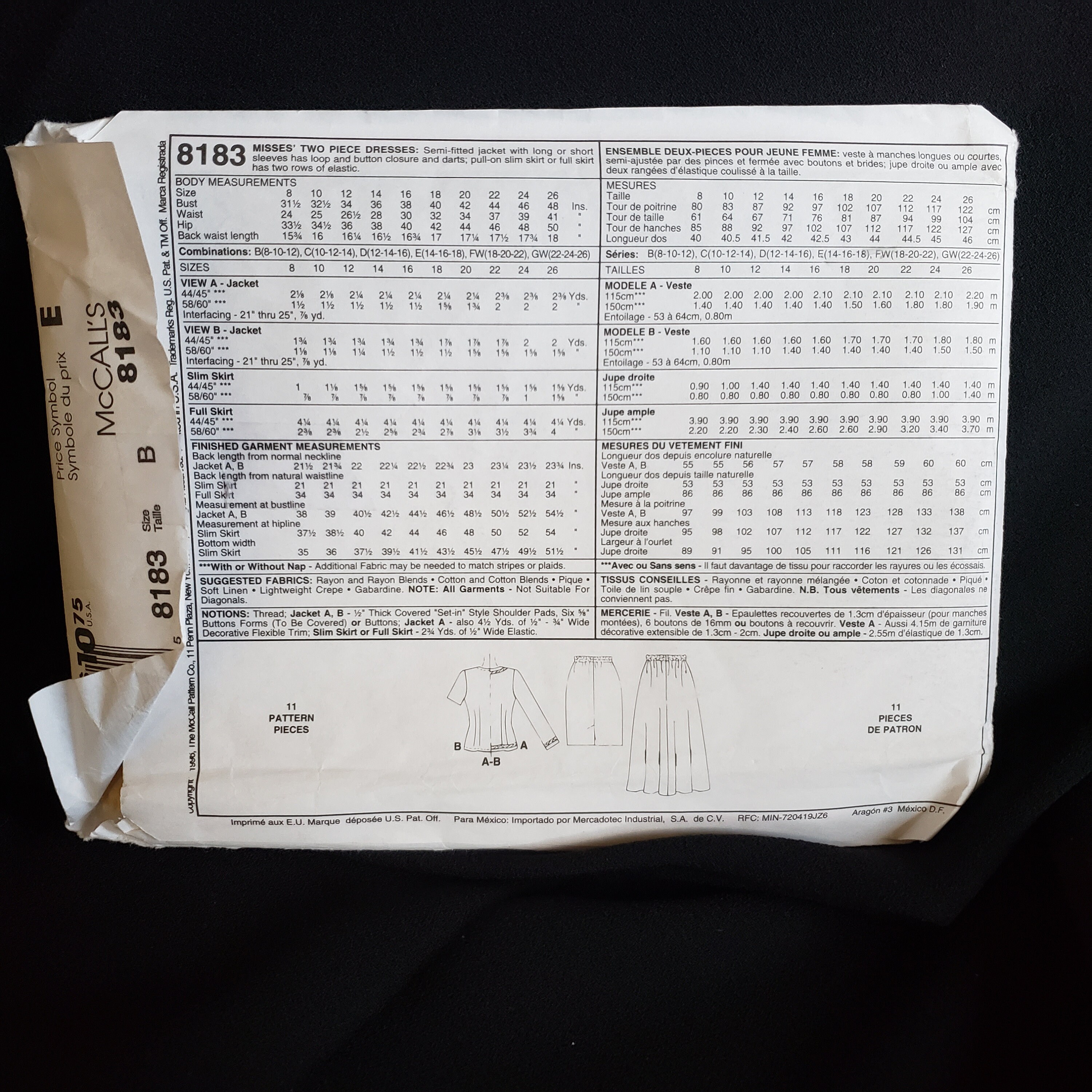 Mccall's 8138 Sewing Pattern for Jacket and Skirt Outfit, Straight or ...