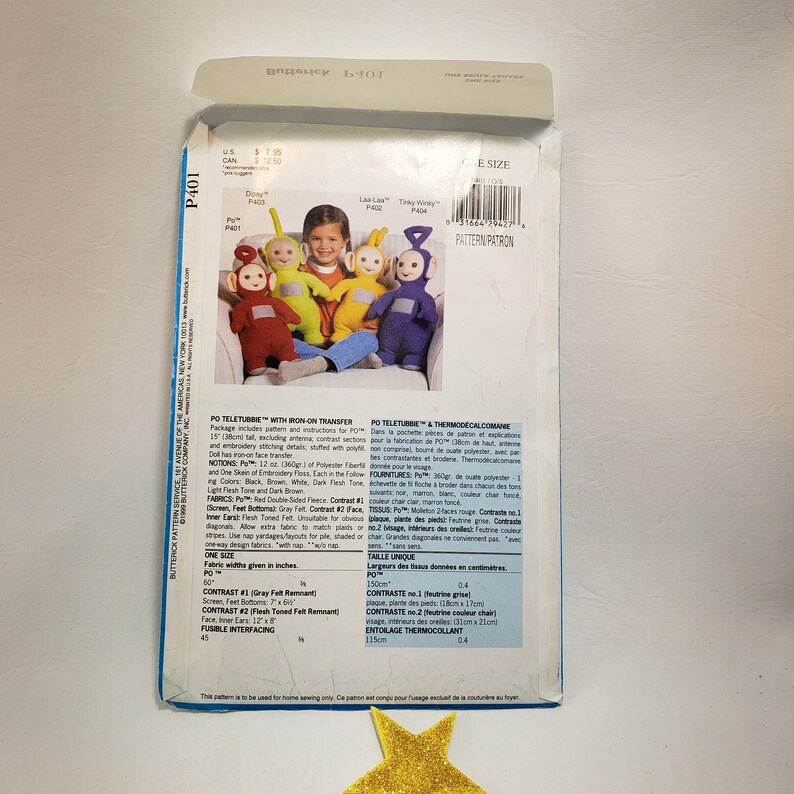 Butterick P401 Tele Tubbies, PO UNCUT FF Sewing Pattern With Transfers ...