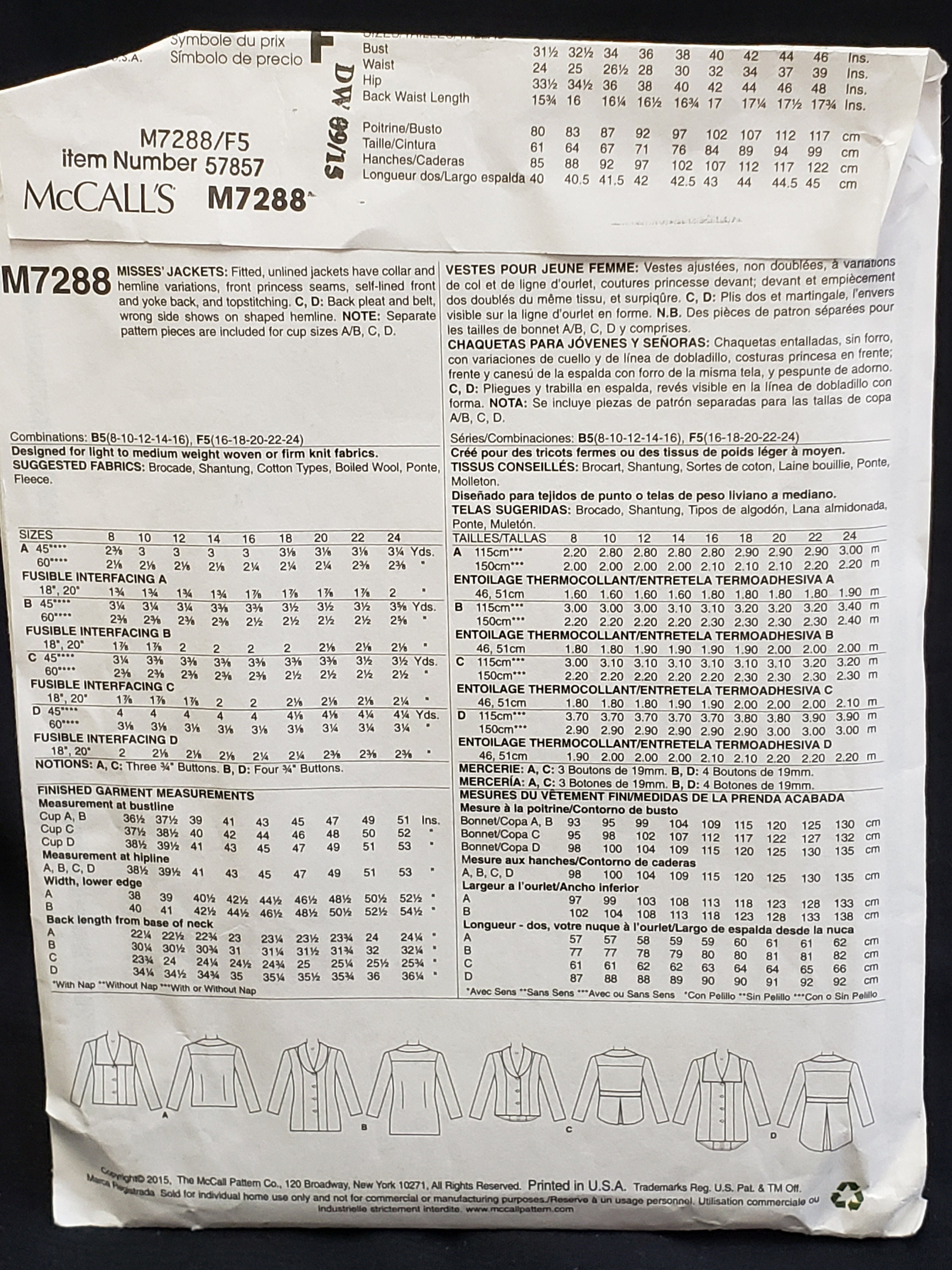 Mccalls 7288 Sewing Pattern Fitted Unlined Jackets With Collar And