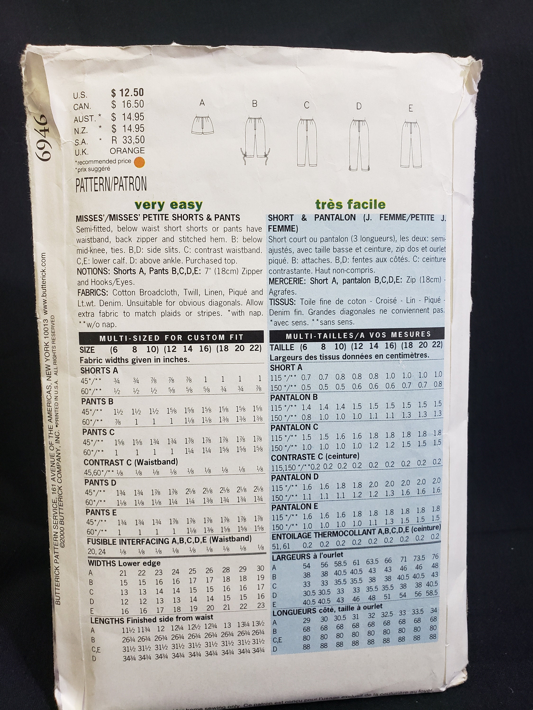 Butterick 6946 Sewing Pattern for Plus Size 18-20-22 Pants Shorts and ...