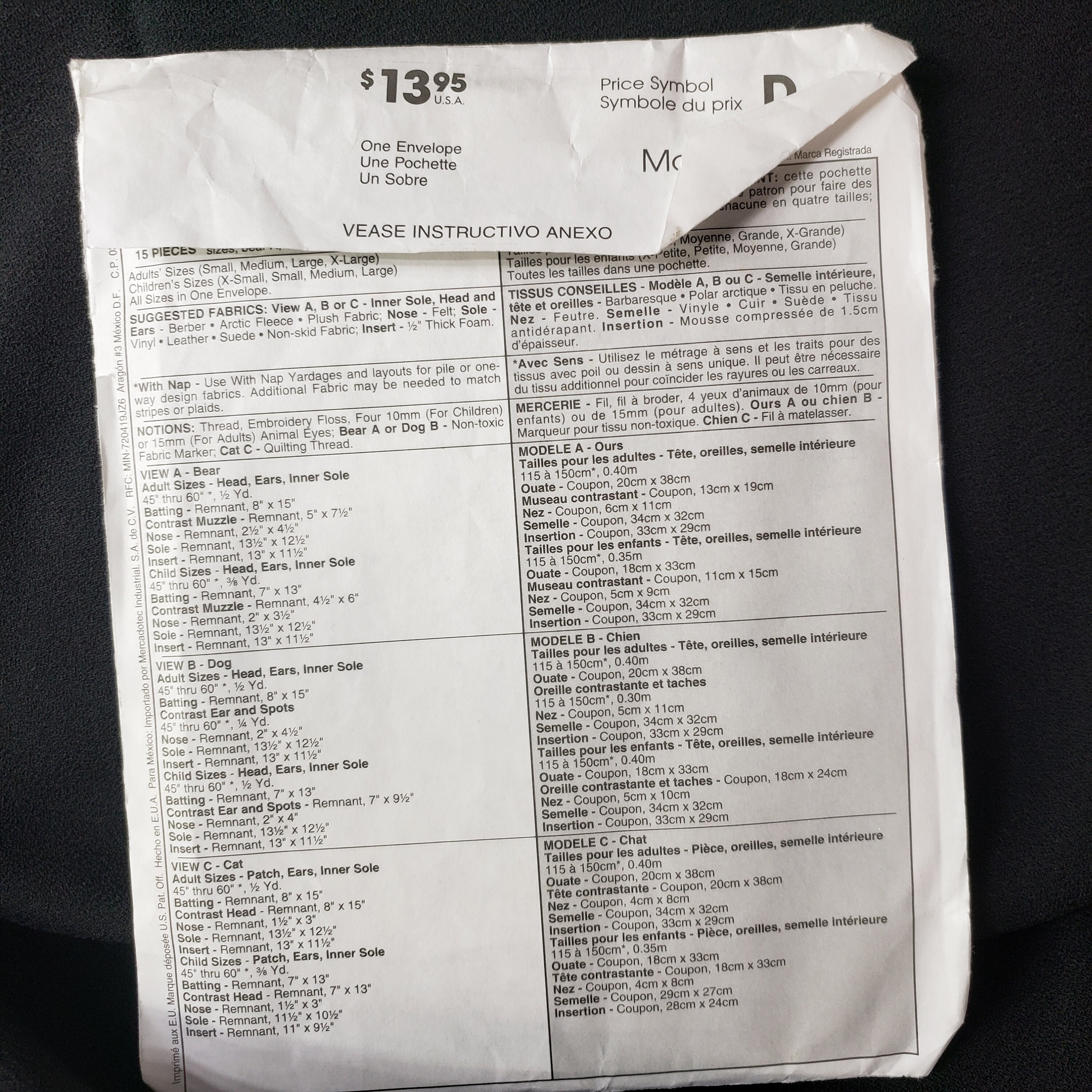 Mccall's 3471 Sewing Pattern for Adult and Children's Fuzzy Bear, Dog ...