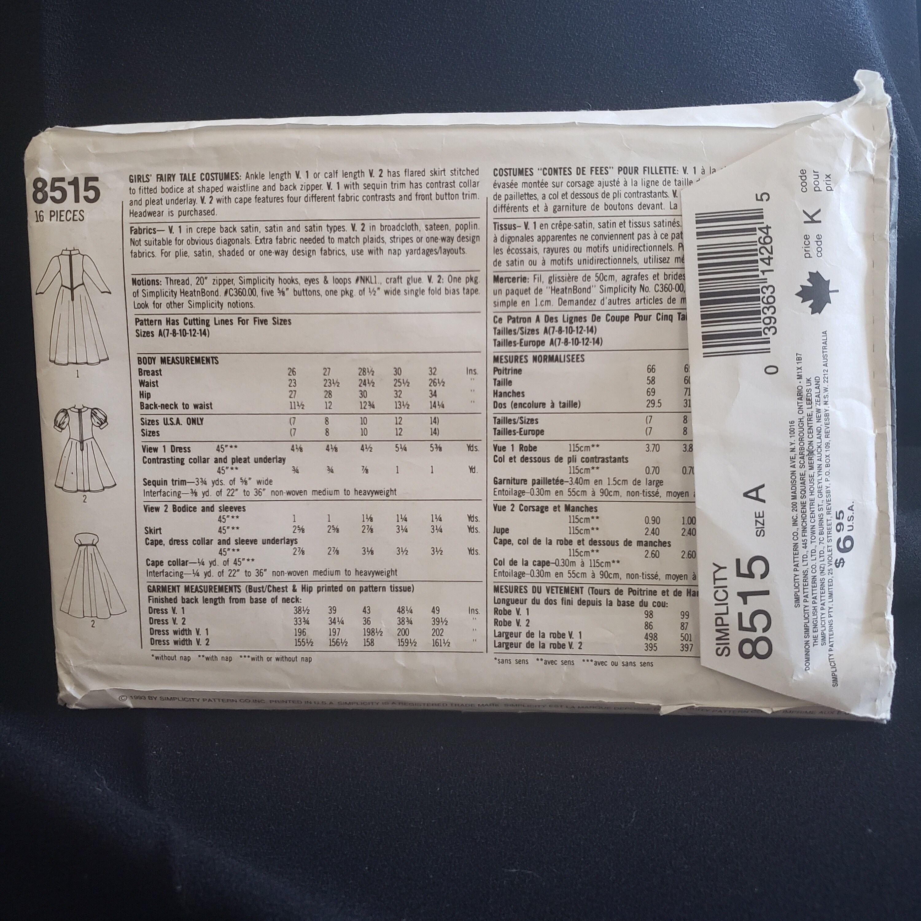 Simplicity 8515 Sewing Pattern for Girls Fairy Tale Costumes-princess ...