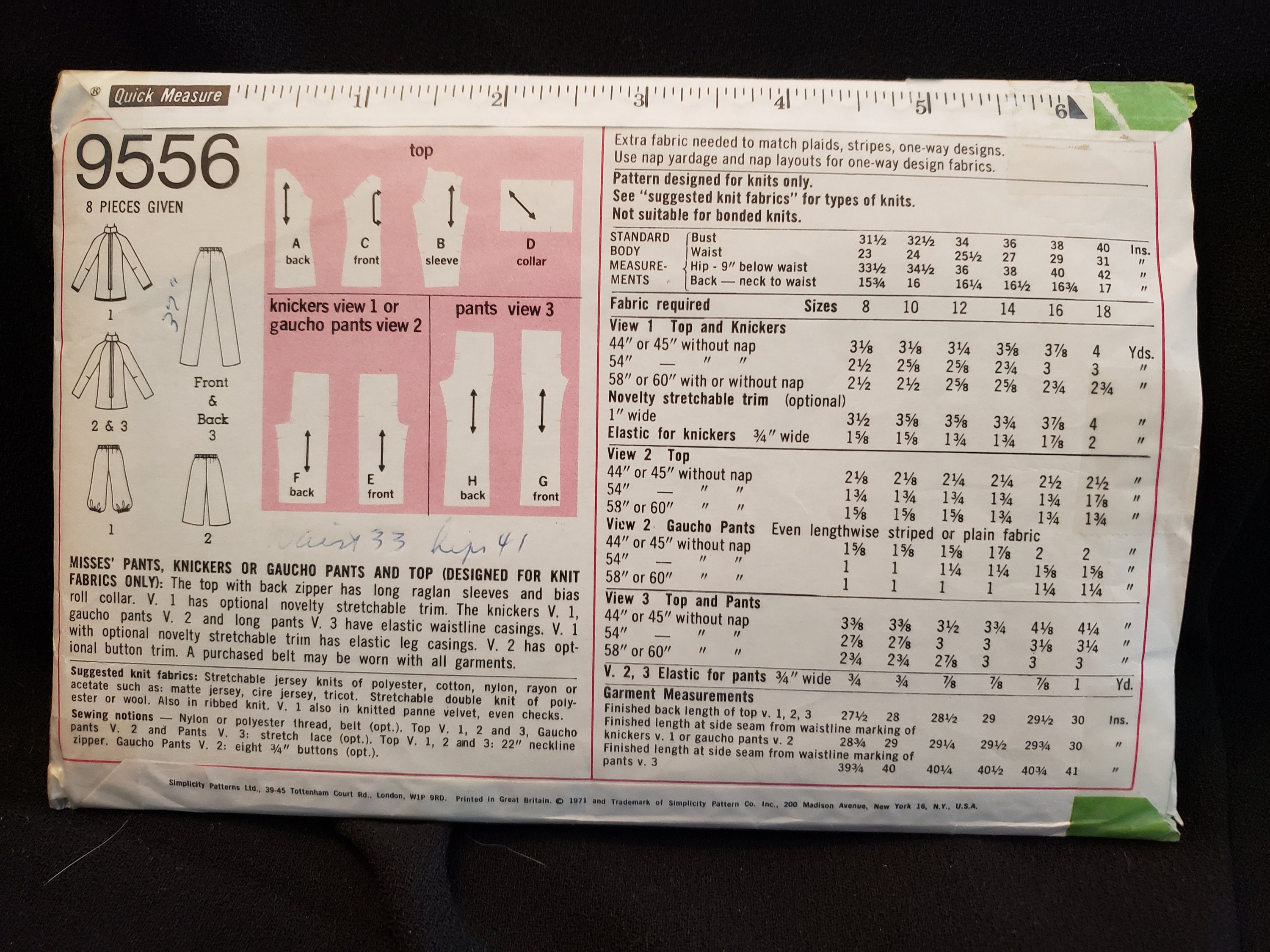 Simplicity 9556 Sewing Pattern for Misses Pants, Knickers, Gaucho Pants ...