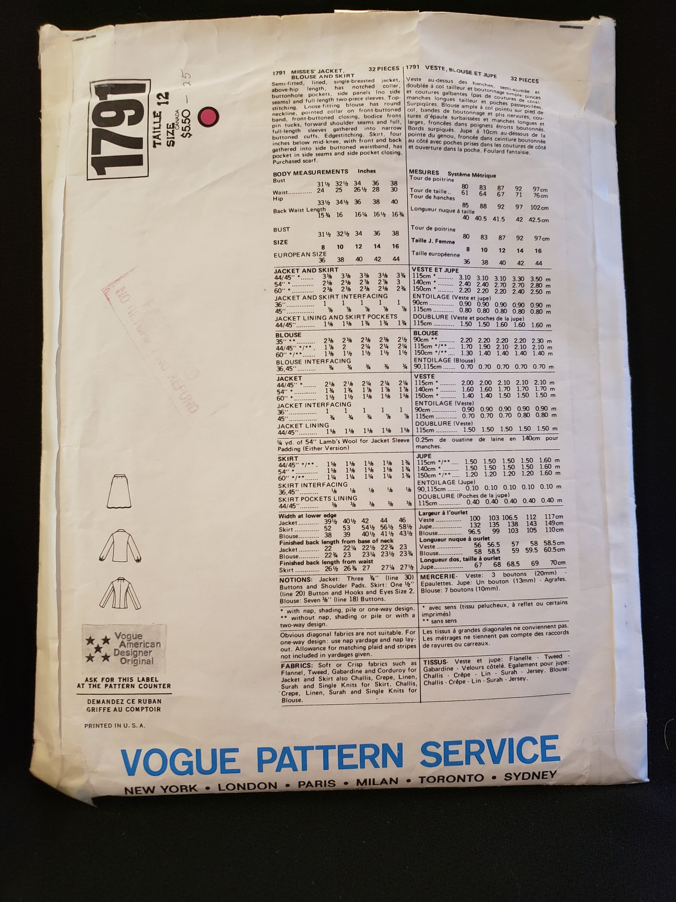 Vogue 1791 Sewing Pattern for Jacket, Skirt and Blouse CUT to Size 12 ...