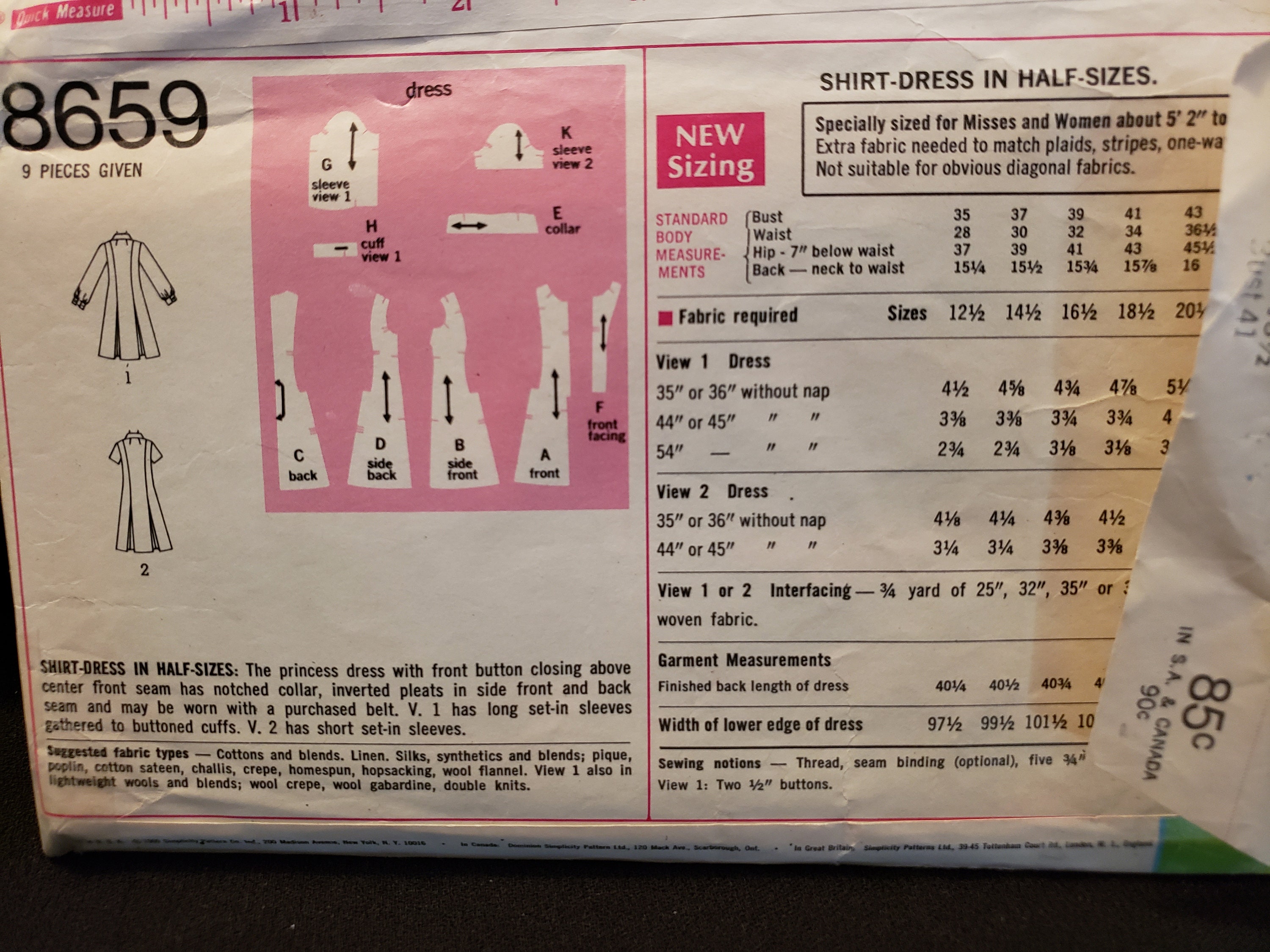 Simplicity 3659 Sewing Pattern for 1969 Dress, 2 Front Pleats, Notched ...