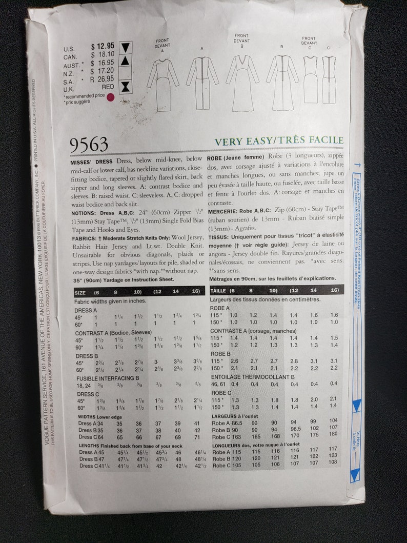 Vogue 9563 Sewing Pattern Easy Options Misses' Dress in 3 Variations ...