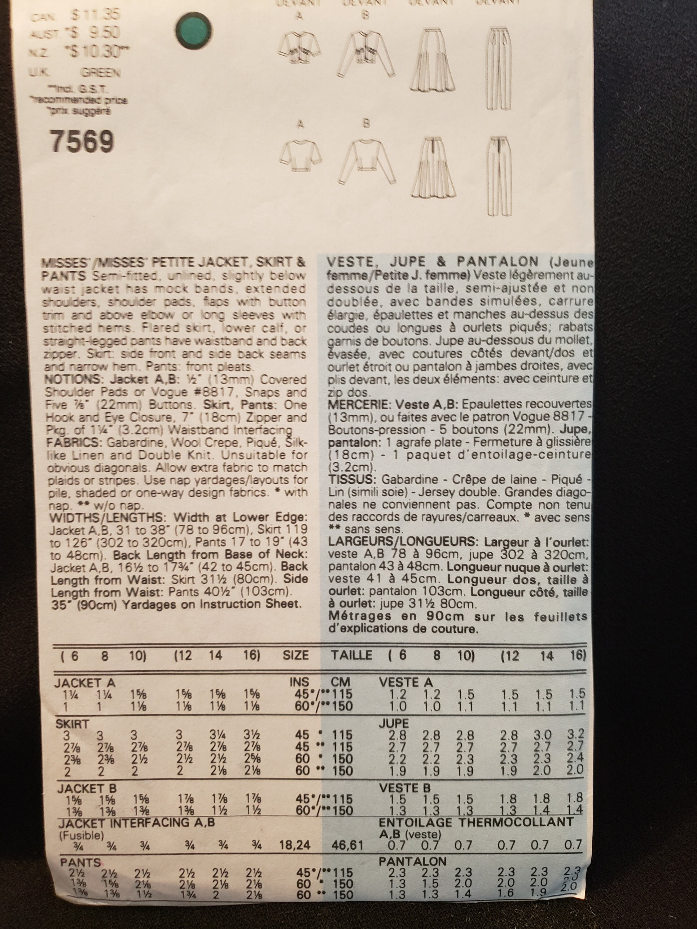 Vogue 7569 Sewing Pattern for Waist Jacket, Pleated, Straight Legged ...