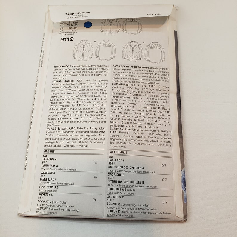 Vogue 9112 Craft Sewing Pattern for Fake Fur Back Packs - UNCUT Ff ...