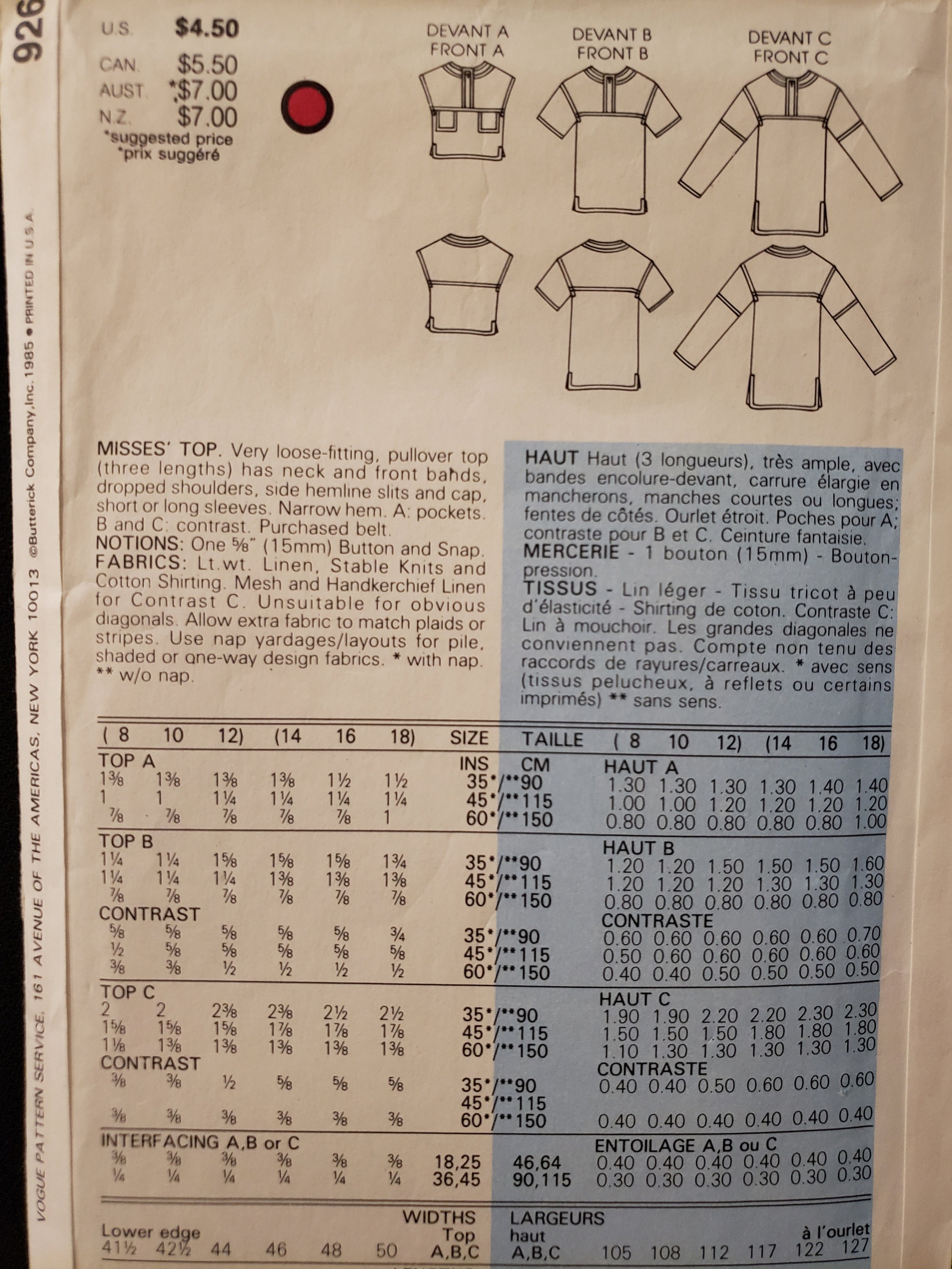 Vogue 9264 Sewing Pattern for Size 12 Pullover Top, Very Loose Fitting, 3 Lengths, Has Neck and ...