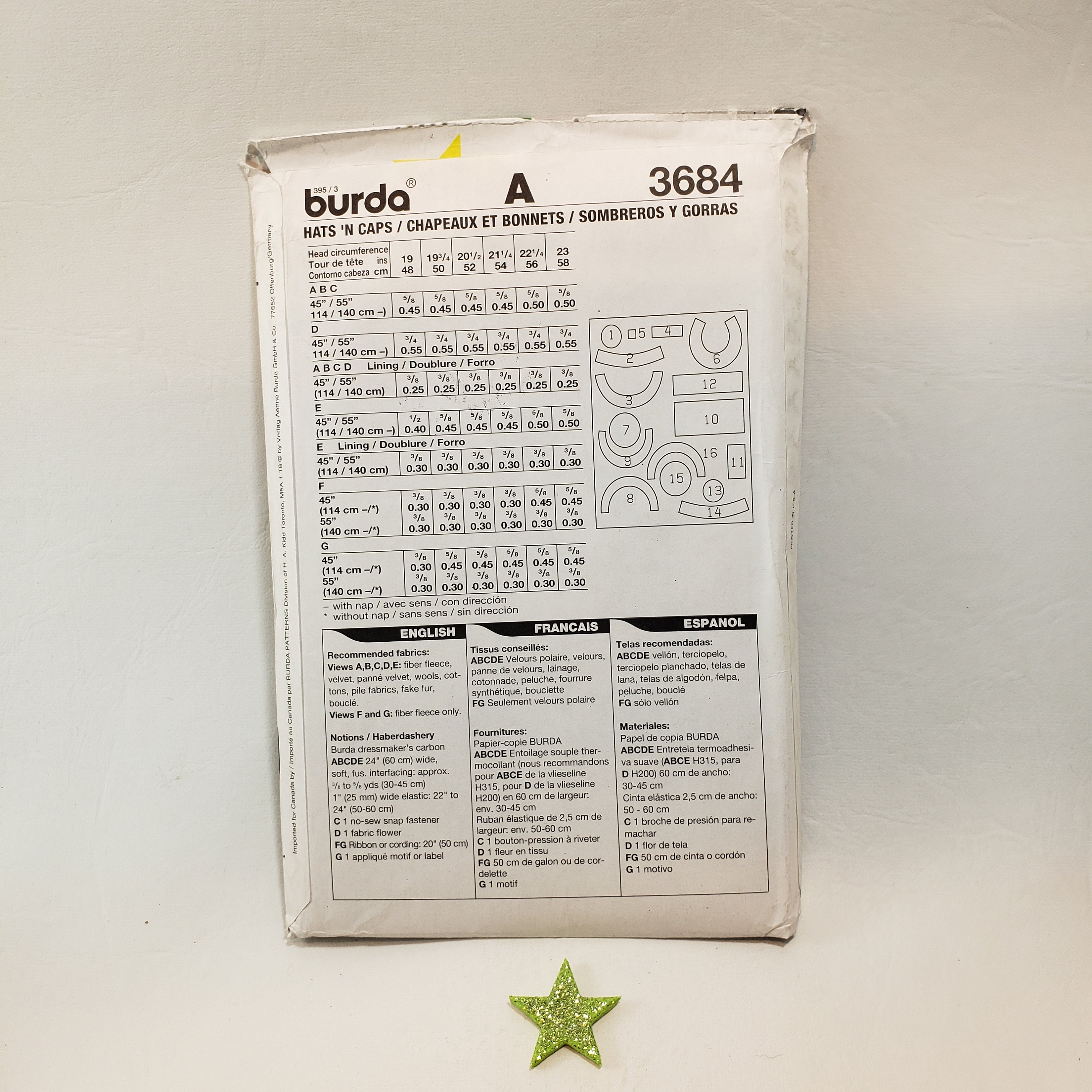 Burda 3684, Sewing Pattern, Girls Hats and Caps UNCUT FF Head Size 19 ...