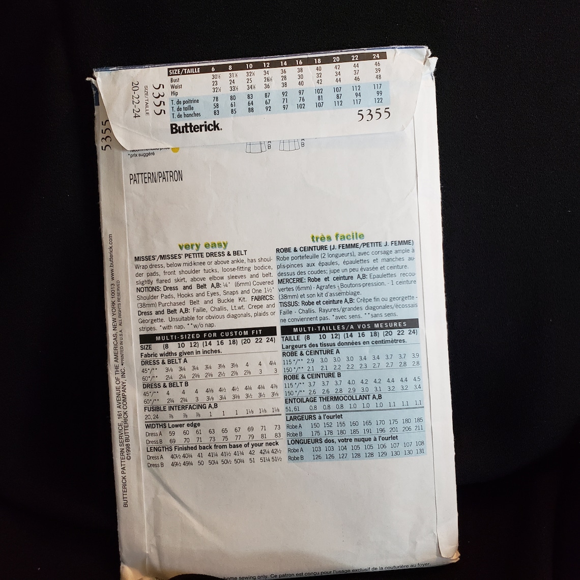 Butterick 5355 Sewing Pattern for Wrap Dress With Belt Fast - Etsy