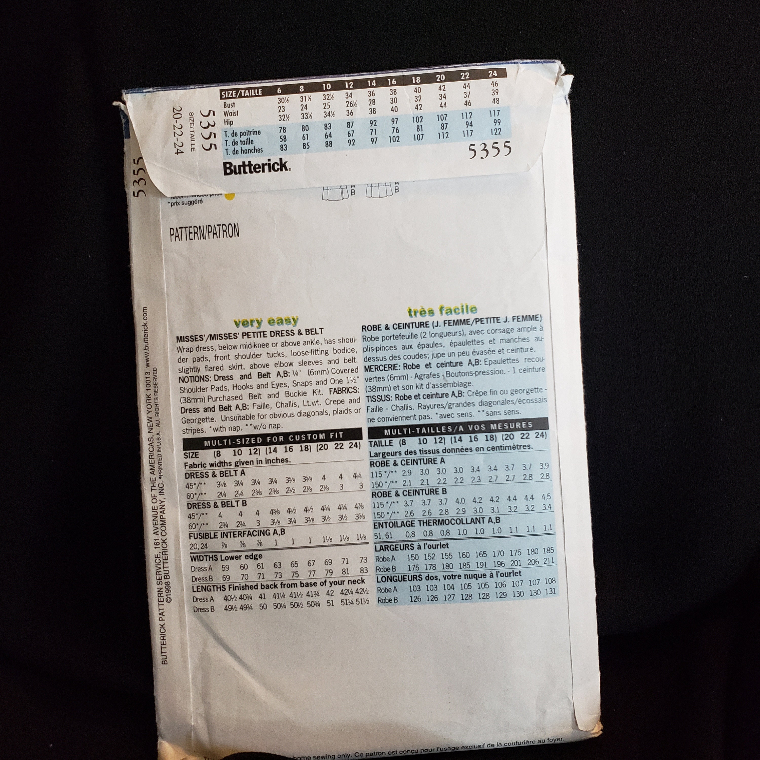 Butterick 5355 Sewing Pattern for Wrap Dress With Belt, Fast and Easy ...