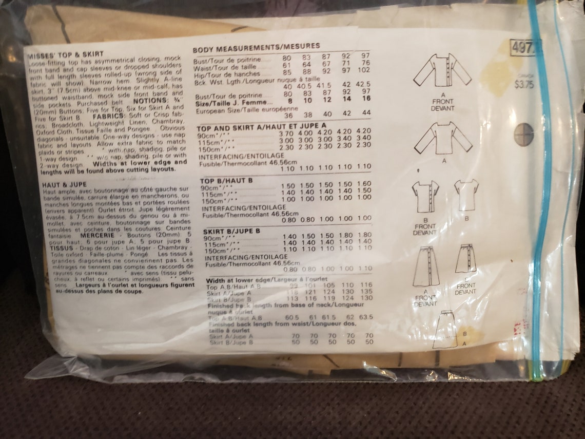 Butterick 4972 Sewing Pattern for Top & Skirt Cut to a Size 8, Pattern ...