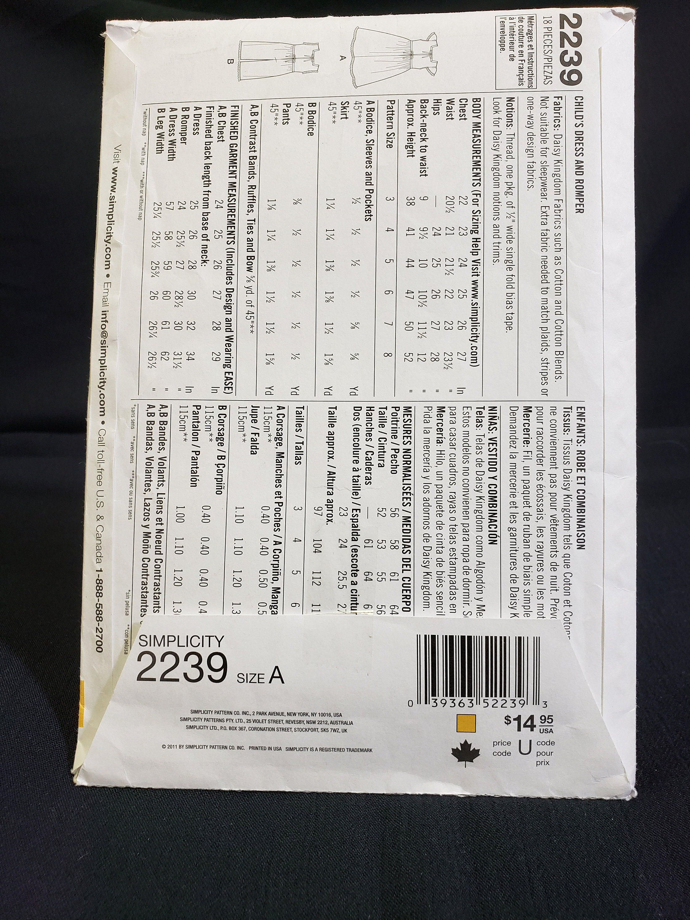 Simplicity 2239 Sewing Pattern for Girls Dress and Romper Very Cute ...