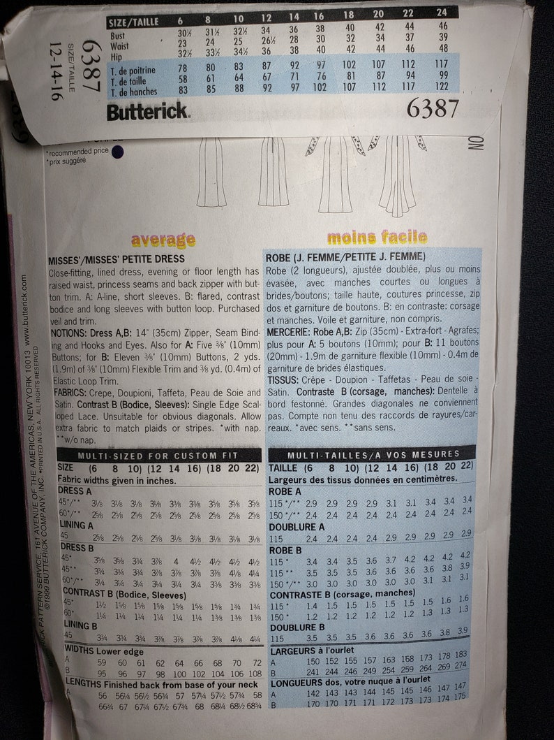 Butterick 6387 Sewing Pattern for Wedding or Bridesmaid - Etsy