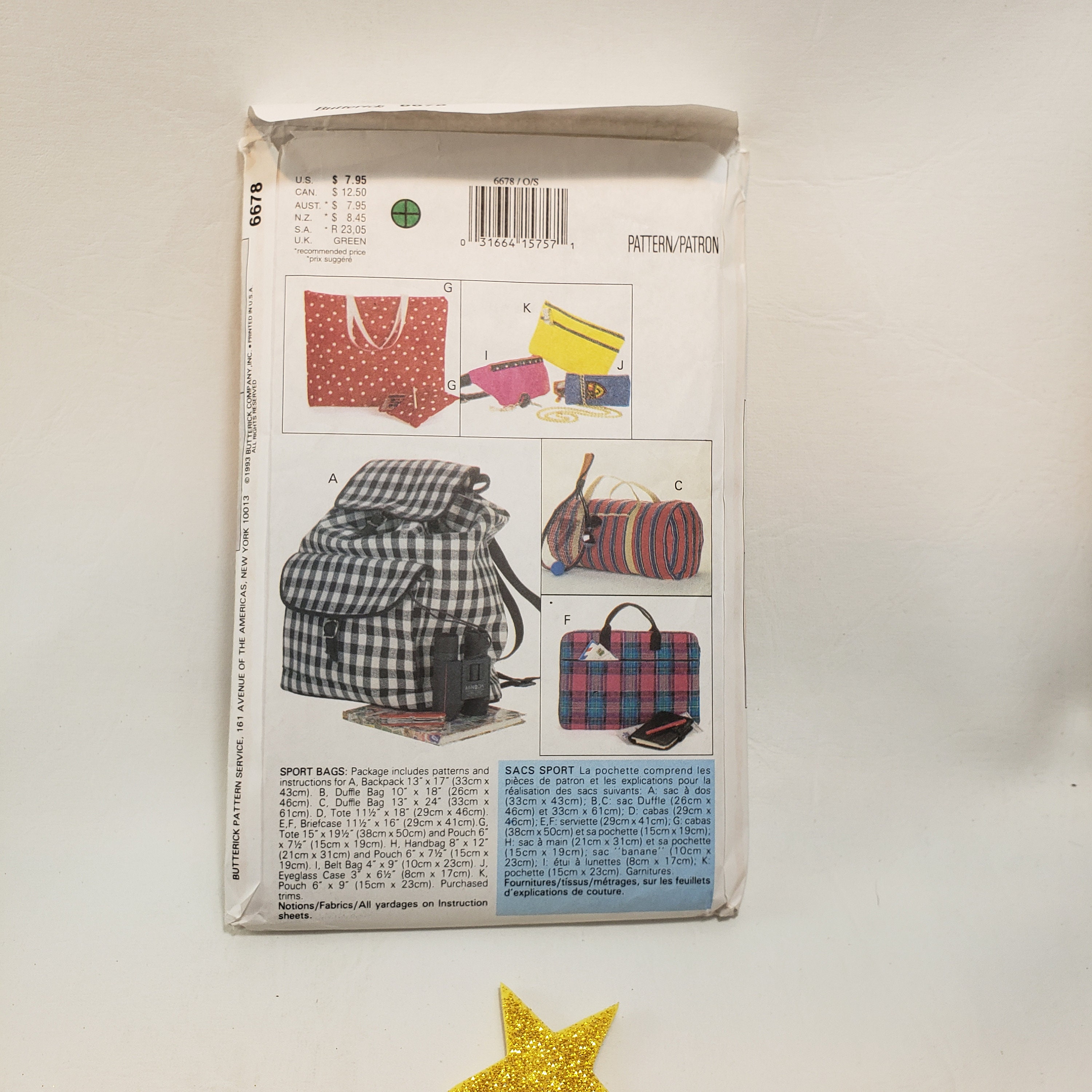 Butterick 6678 Vintage 90s Pattern Sport Bag Backpack Handbag Tote ...