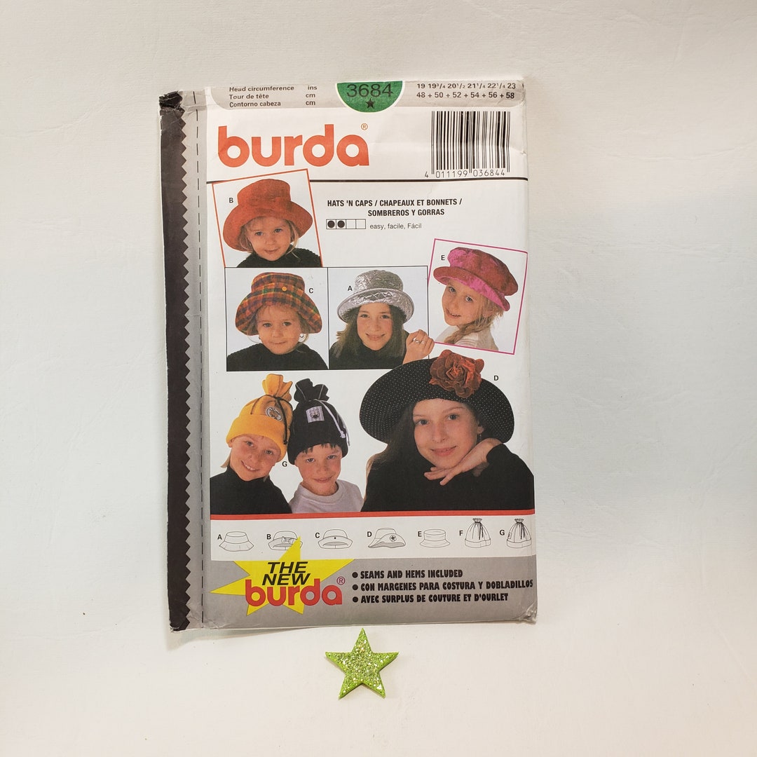 Burda 3684, Sewing Pattern, Girls Hats and Caps UNCUT FF Head Size 19 ...