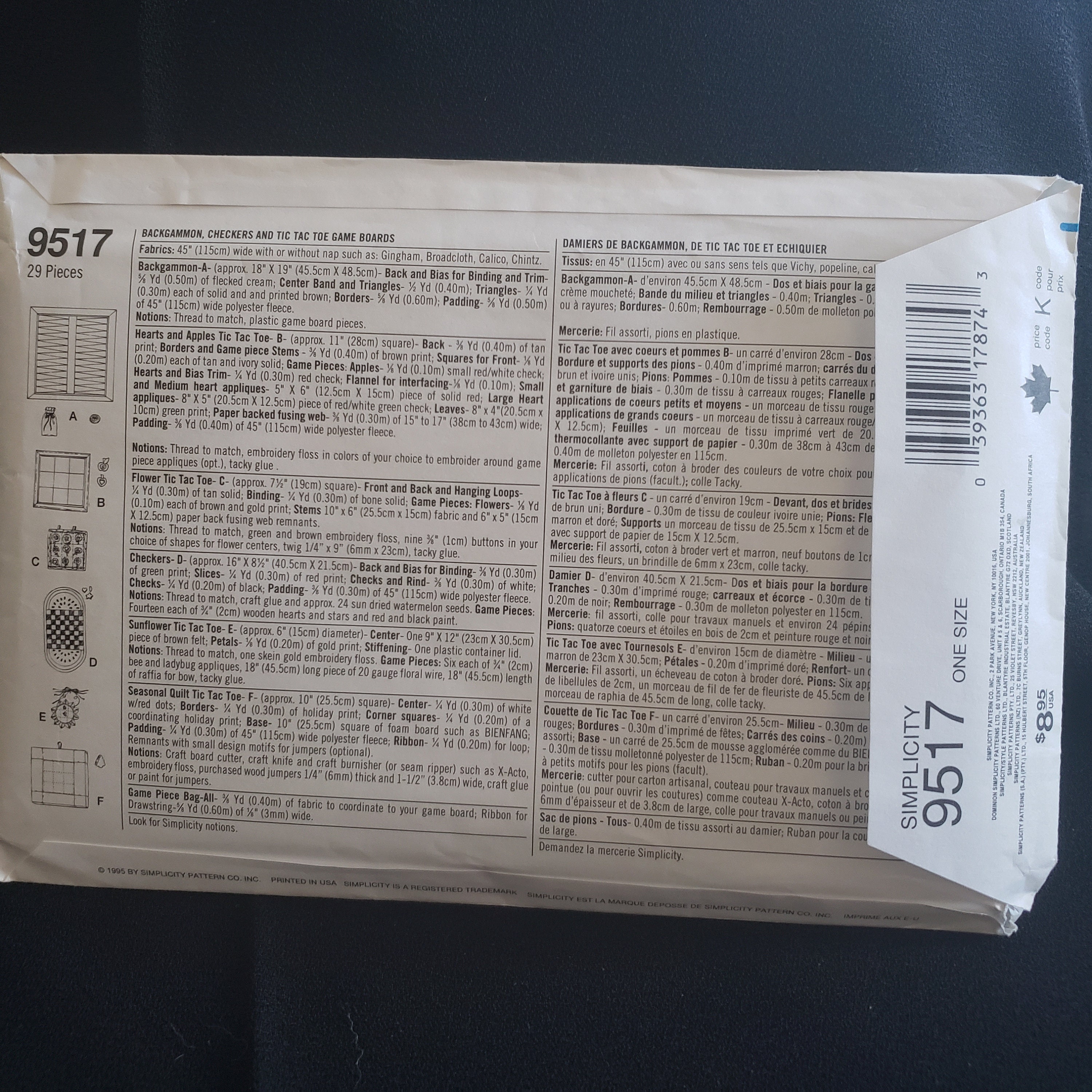 Simplicity 9517 Sewing Pattern for Crafts,backgammon, Checkers and Tic ...