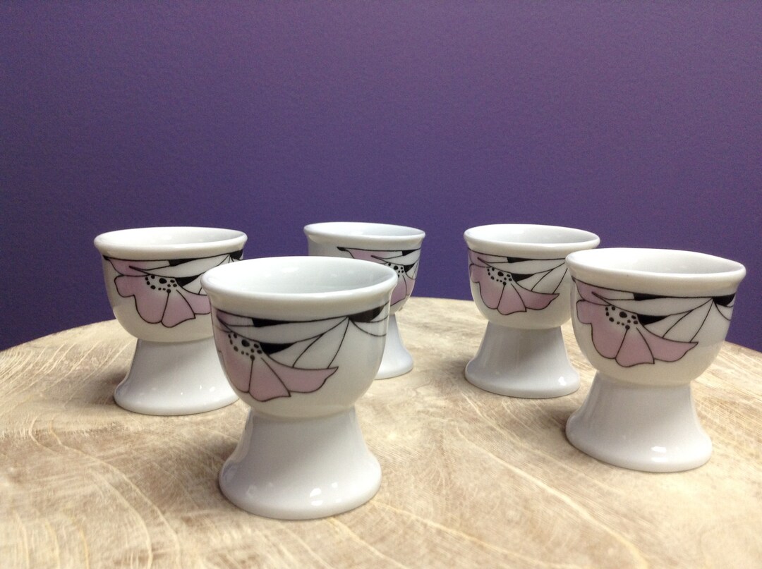 German Flirt Dishes Egg Cups - Pink and Black Flower on White Porcelain From the 80's - Etsy