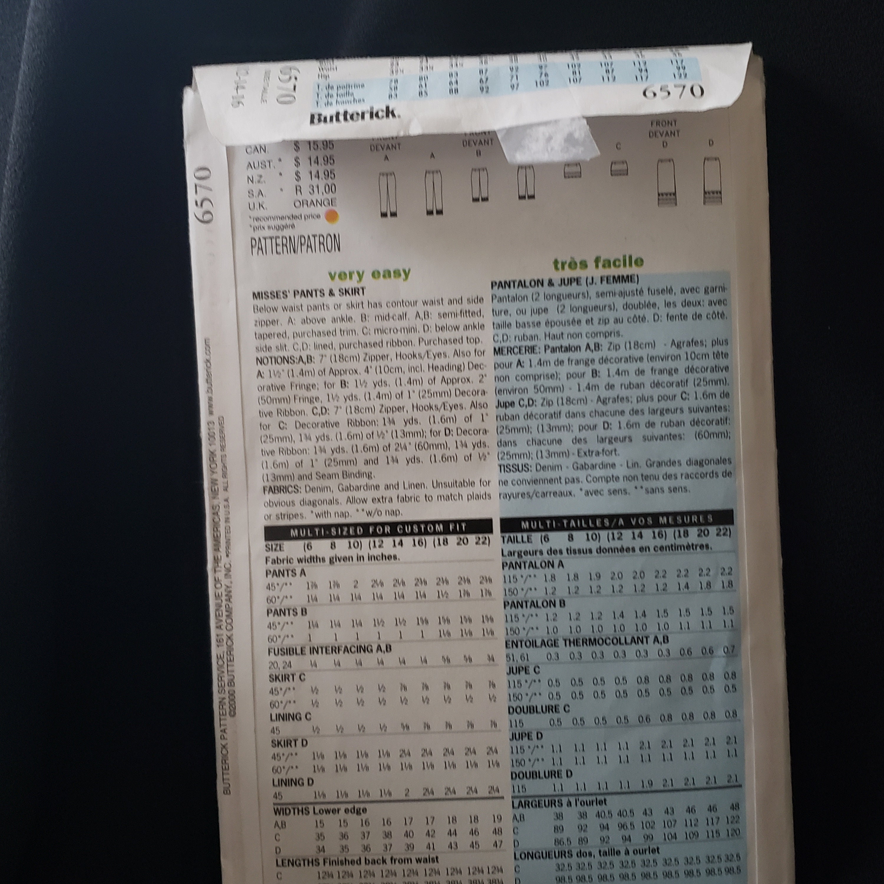 Butterick 6570 Sewing Pattern for Fast and Easy Below Waist Pants or ...