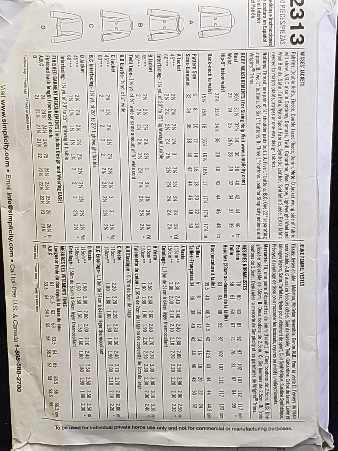 4 Simplicity 2313 Sewing Pattern 4 Styles of Womens Jacket - Etsy