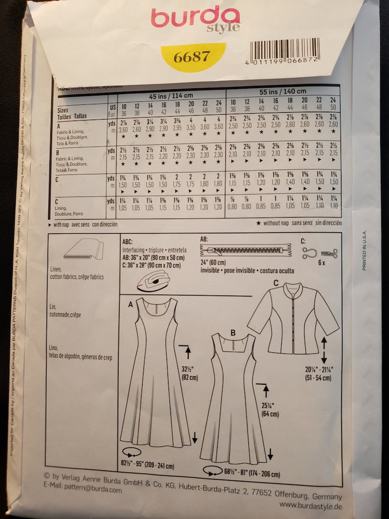 Burda 6687 Sewing Pattern for Dress and Jacket, Sizes 10-24 Dress Has ...