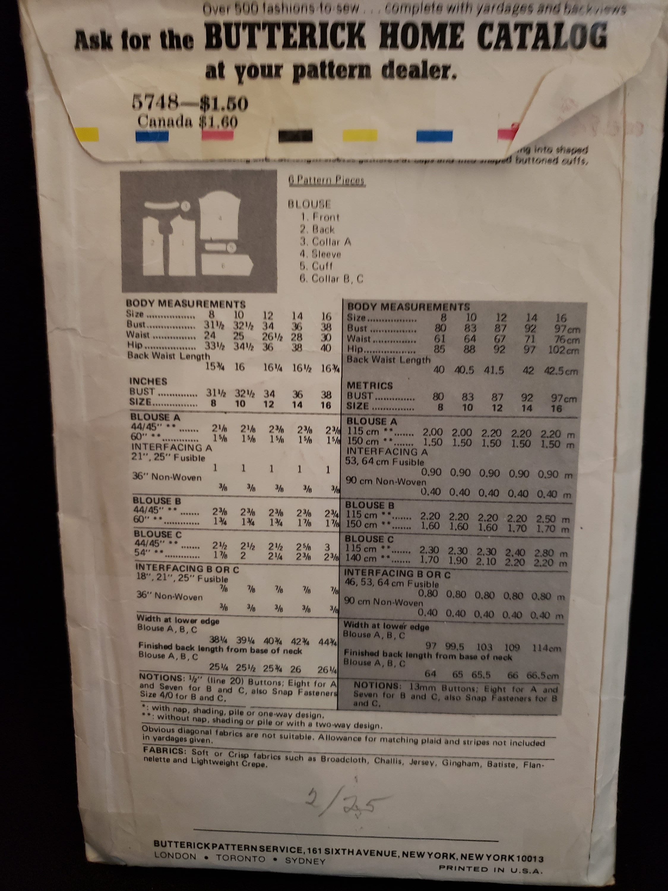 Butterick 5748 Sewing Pattern, Blouses Button Front, Tie Collar ...