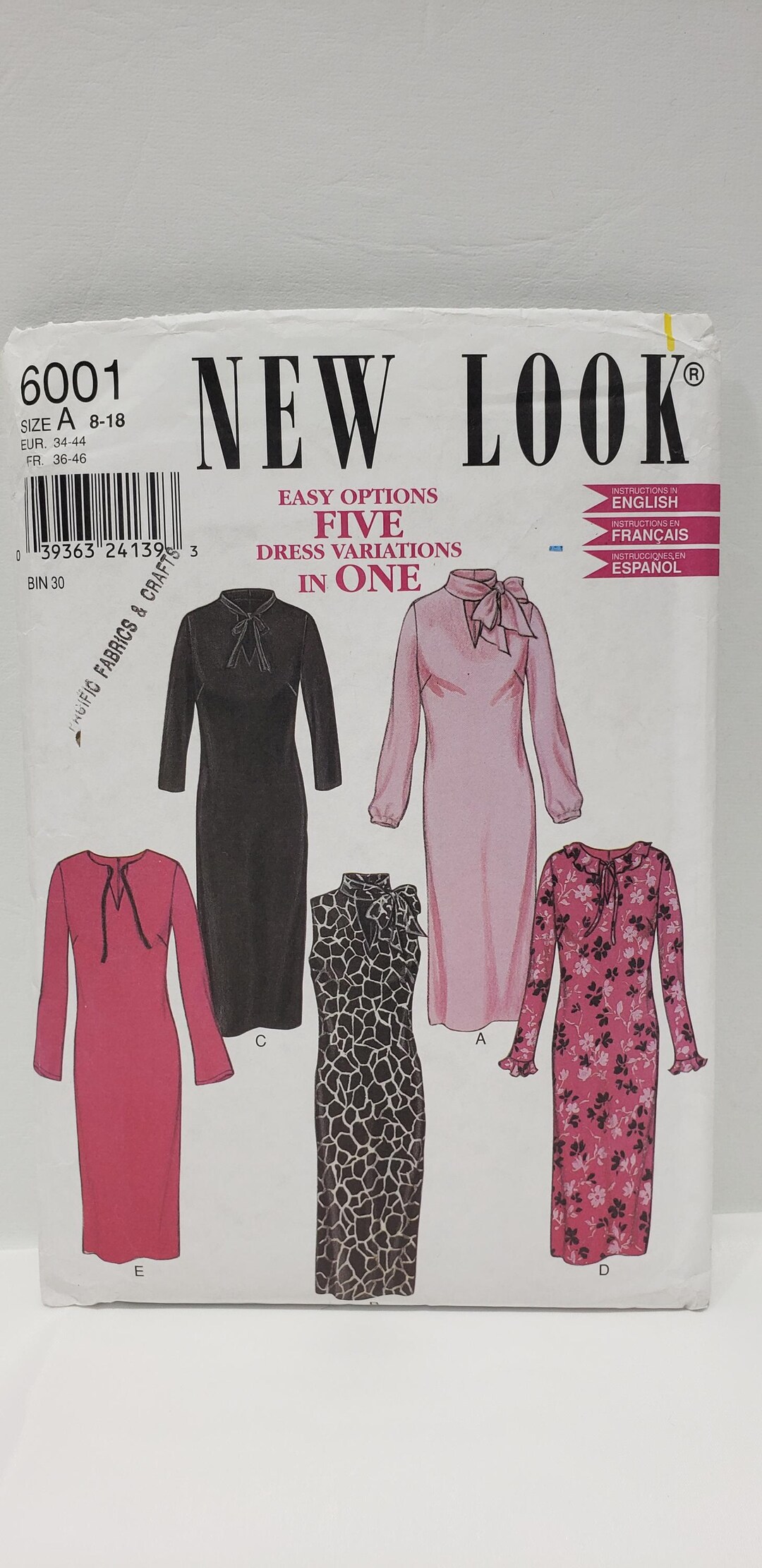 New Look 6001 Sewing Pattern for Form Fitting Dress, Sleeve Options Tie ...