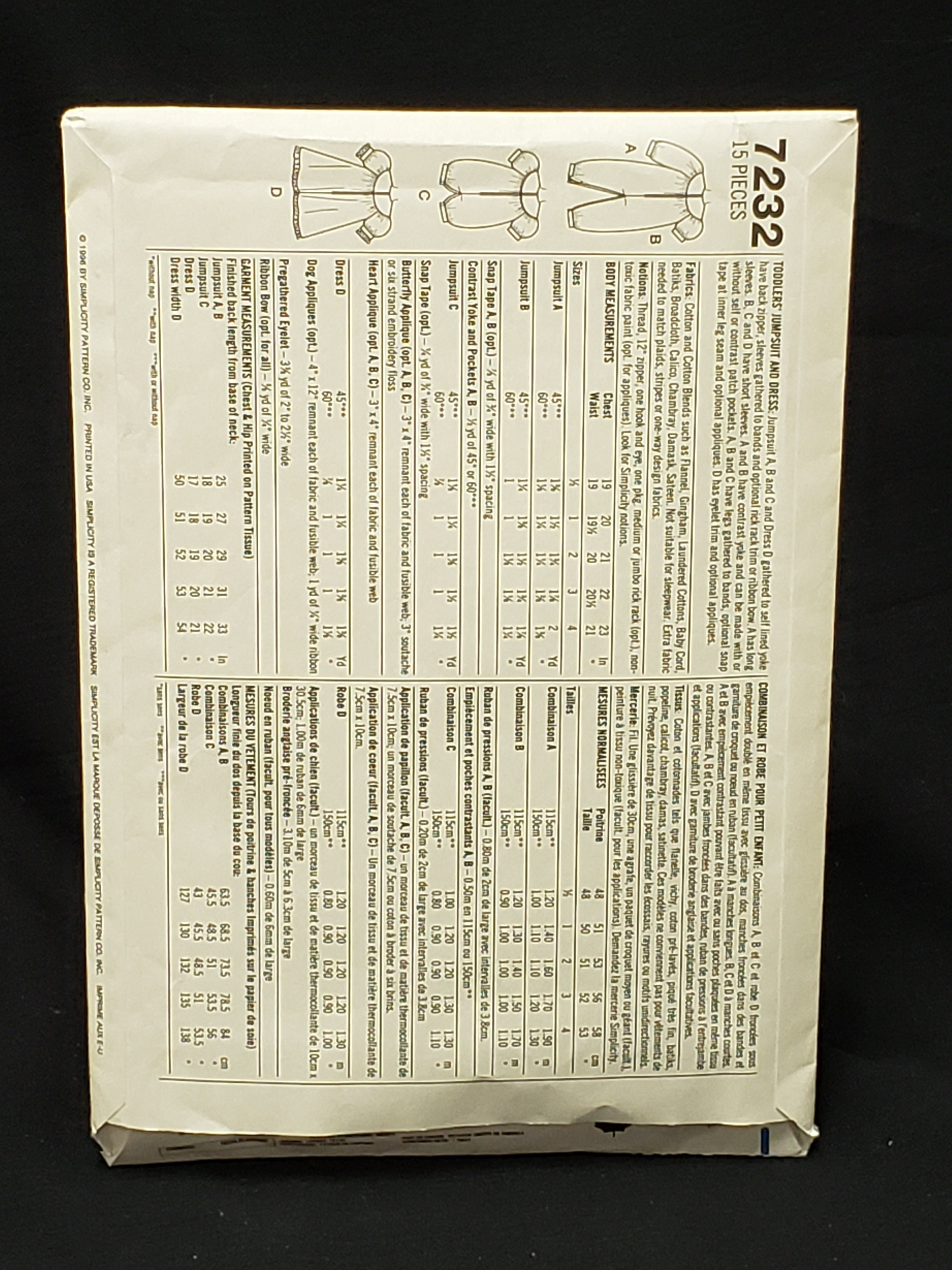 Simplicity 7232 Baby Toddler Jumpsuit and Dress Sewing Pattern, Size 1/ ...