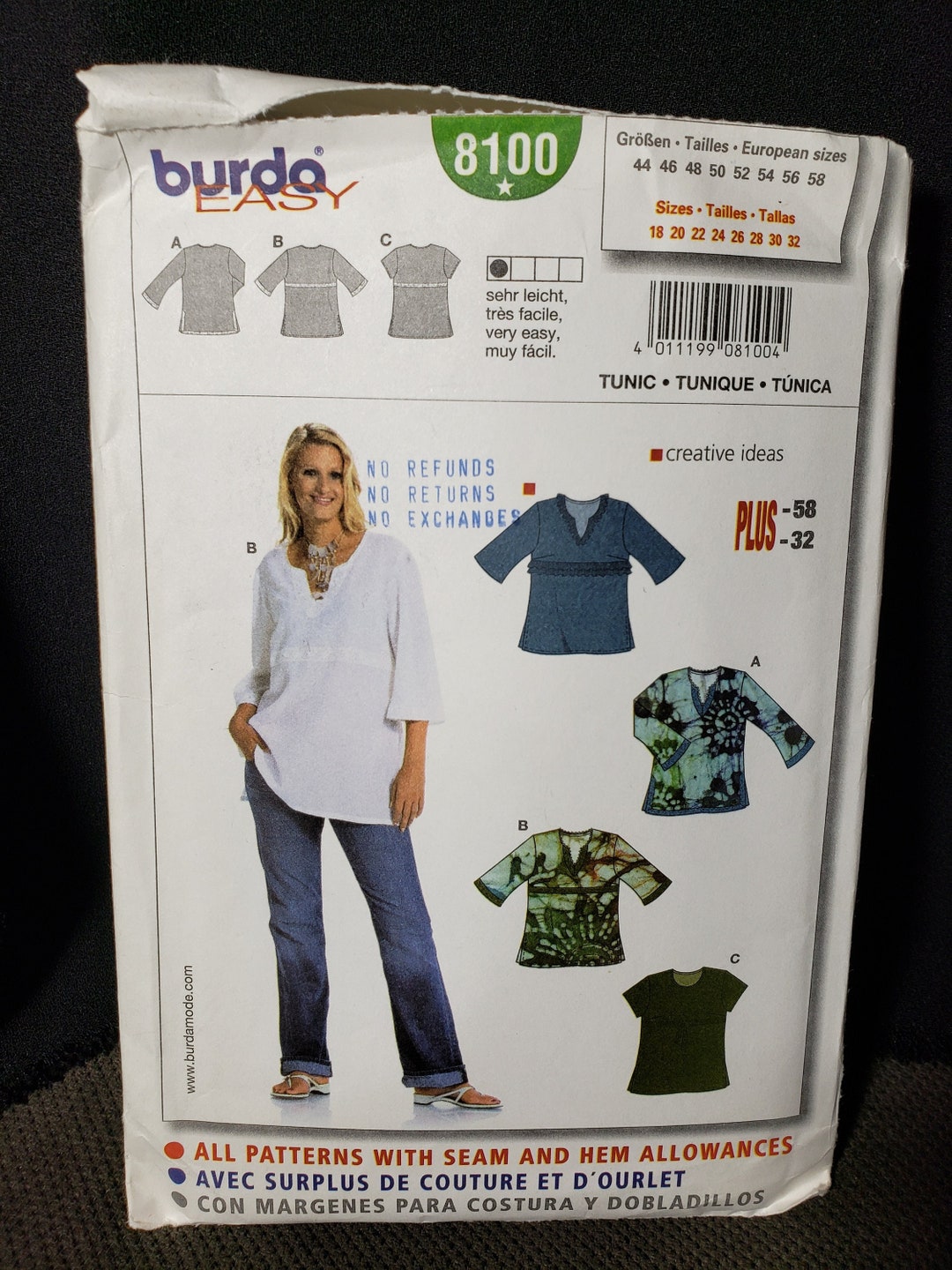 Burda 8100 Sewing Pattern for Plus Size Tunic, With Long, Mid and Short ...