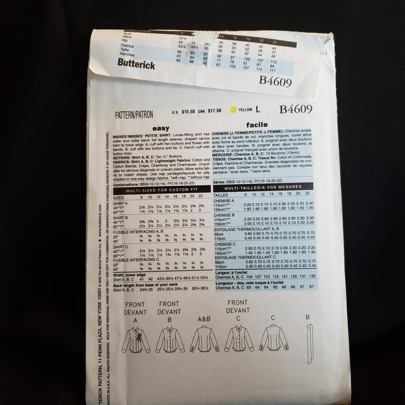 Butterick 4609 Sewing Pattern for Classic Button Front Blouse With Wing ...