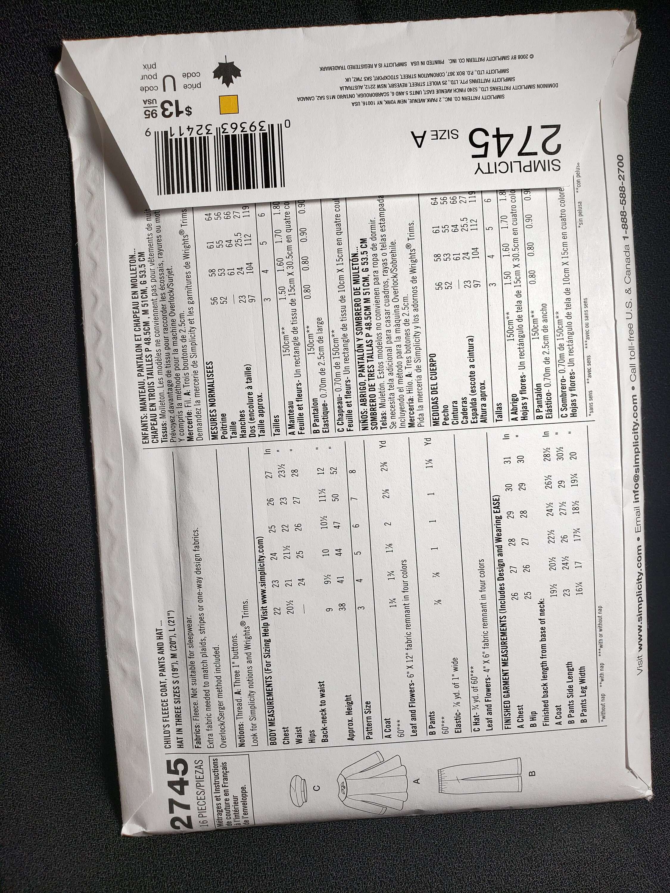 Simplicity 2745 Sewing Pattern for Child's Fleece Coat - Etsy