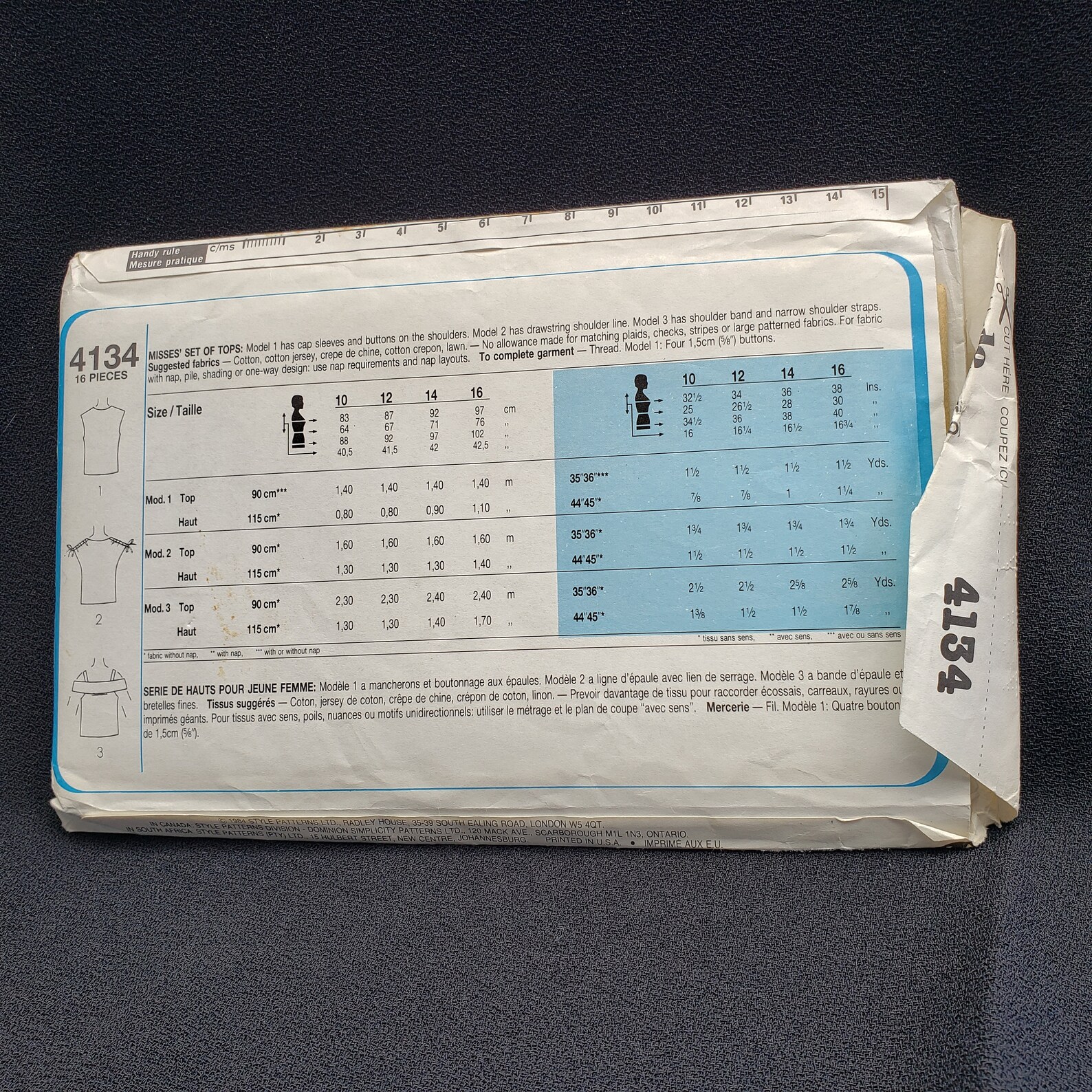 Style 4134 Sewing Pattern for Misses Set of Tops, Cap Sleeves, Buttons ...